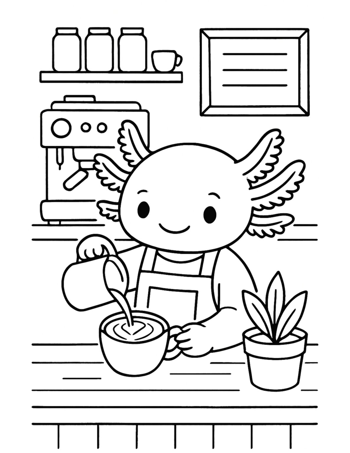 Axolotl barista pouring latte coloring page | Cozy cafe scene
