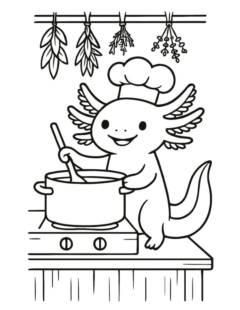 axolotl chef stirring soup coloring page | Cozy kitchen scene
