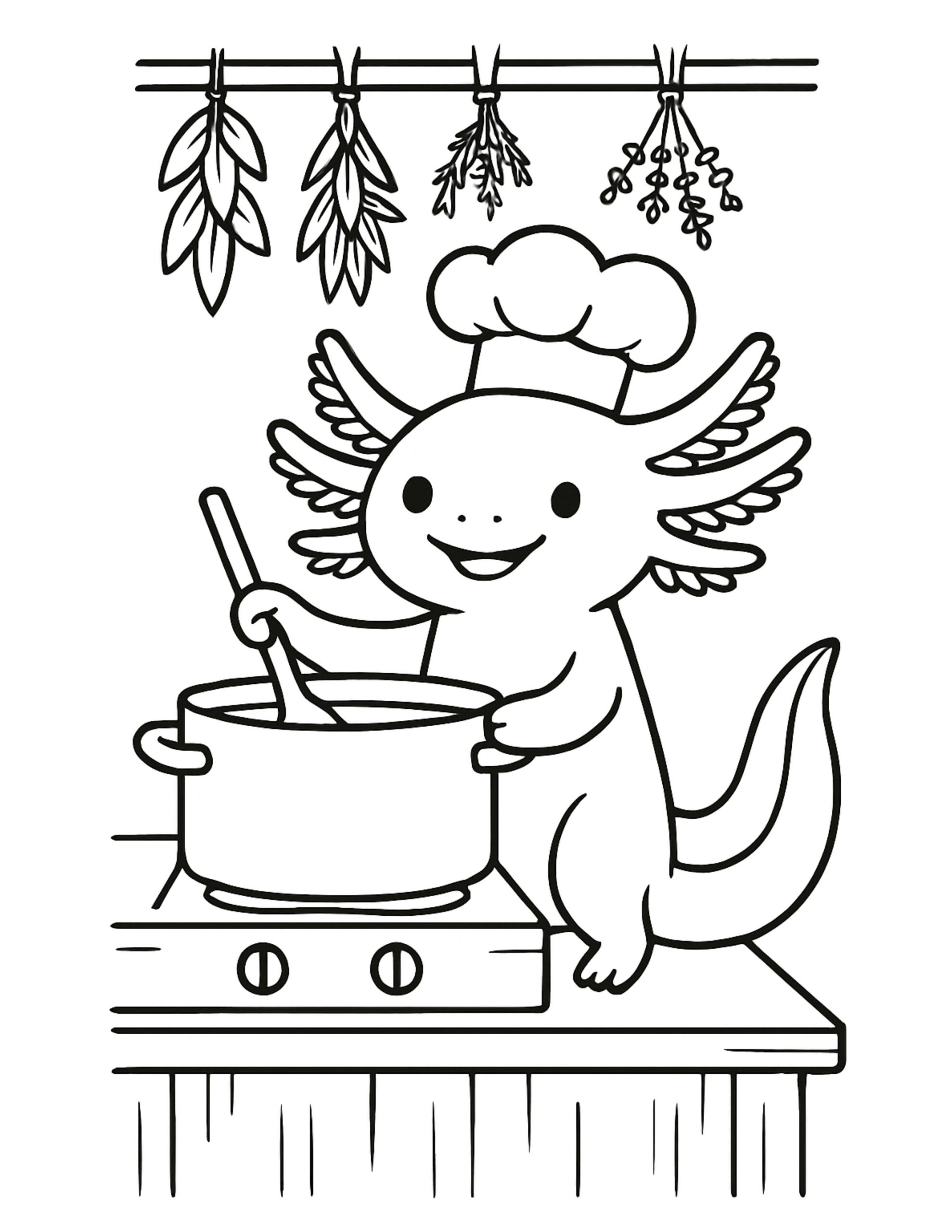 axolotl chef stirring soup coloring page | Cozy kitchen scene