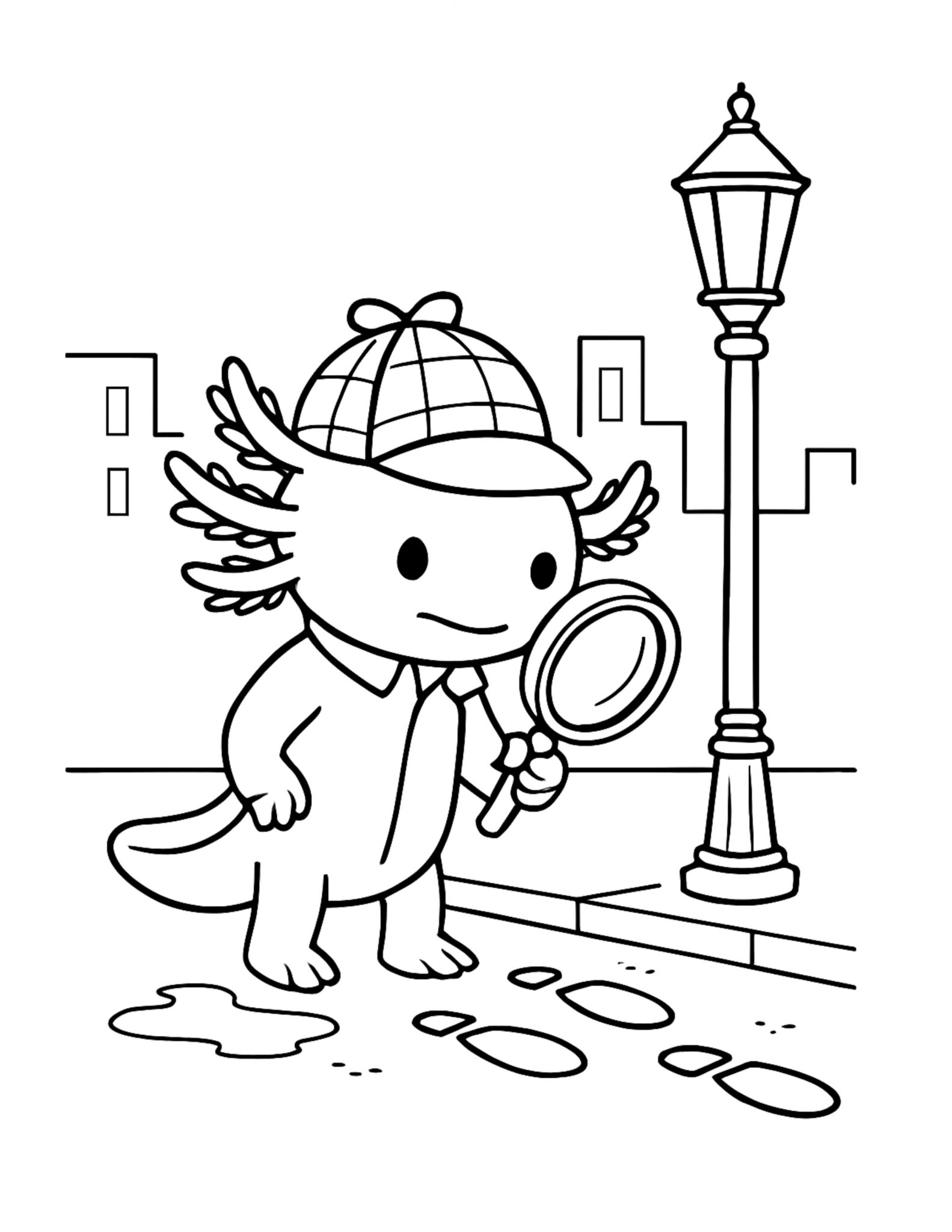 axolotl detective with magnifying glass coloring page