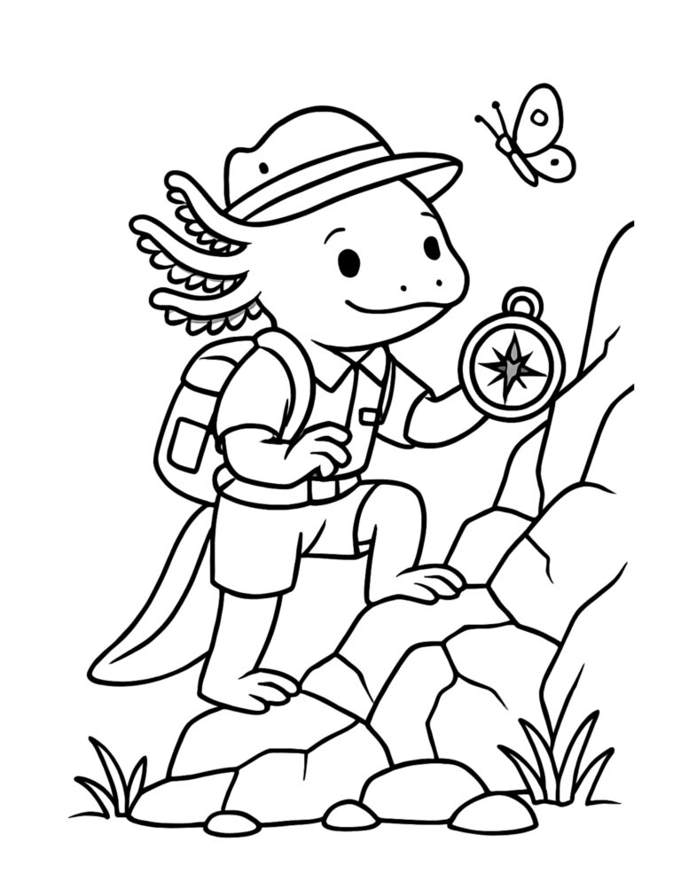 Axolotl explorer holding a compass coloring page
