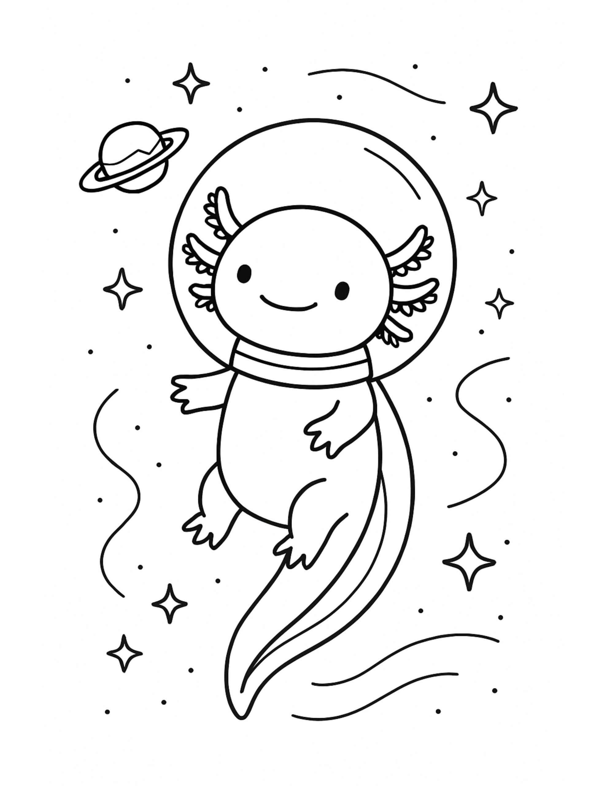 Axolotl Floating in Space Coloring Page | Cute Cosmic Scene