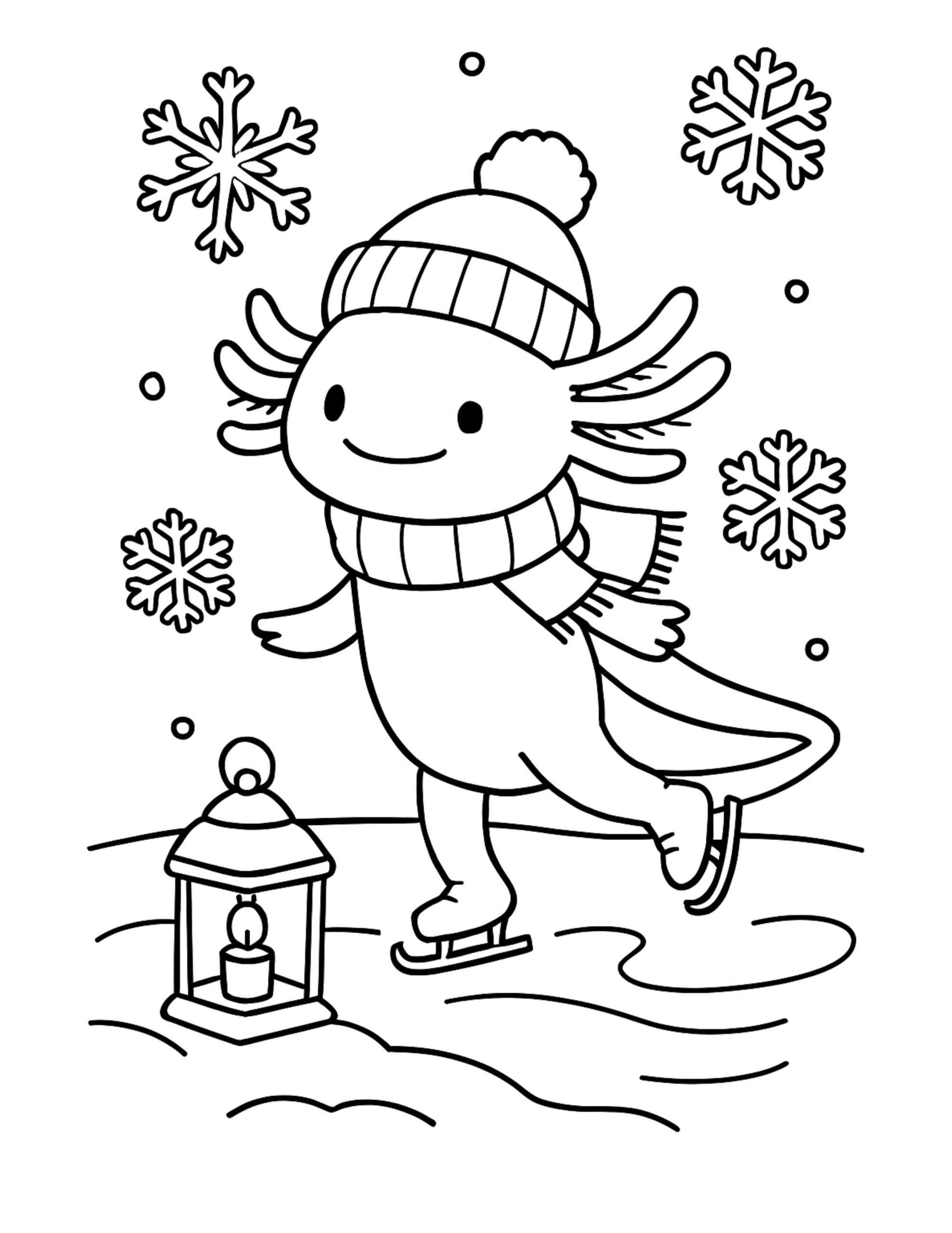 axolotl ice skating in winter coloring page | Cozy seasonal scene