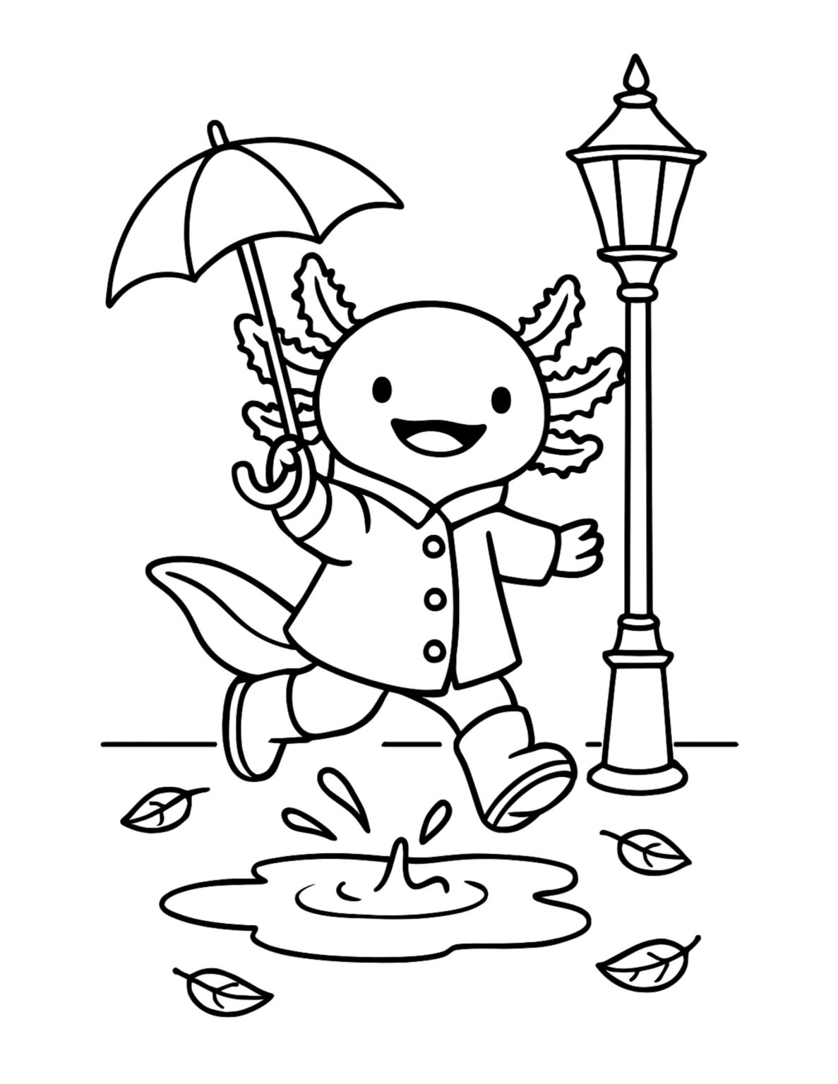 Axolotl jumping in puddle coloring page | Rainy day fun