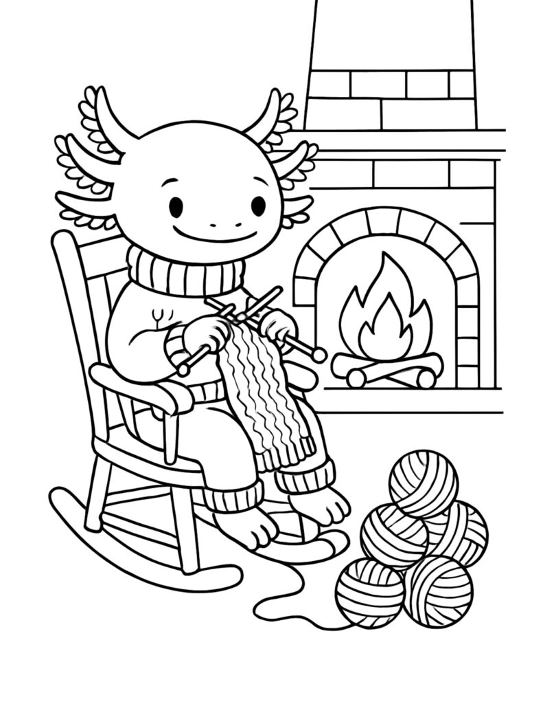 Axolotl knitting by fireplace coloring page | Cozy craft scene
