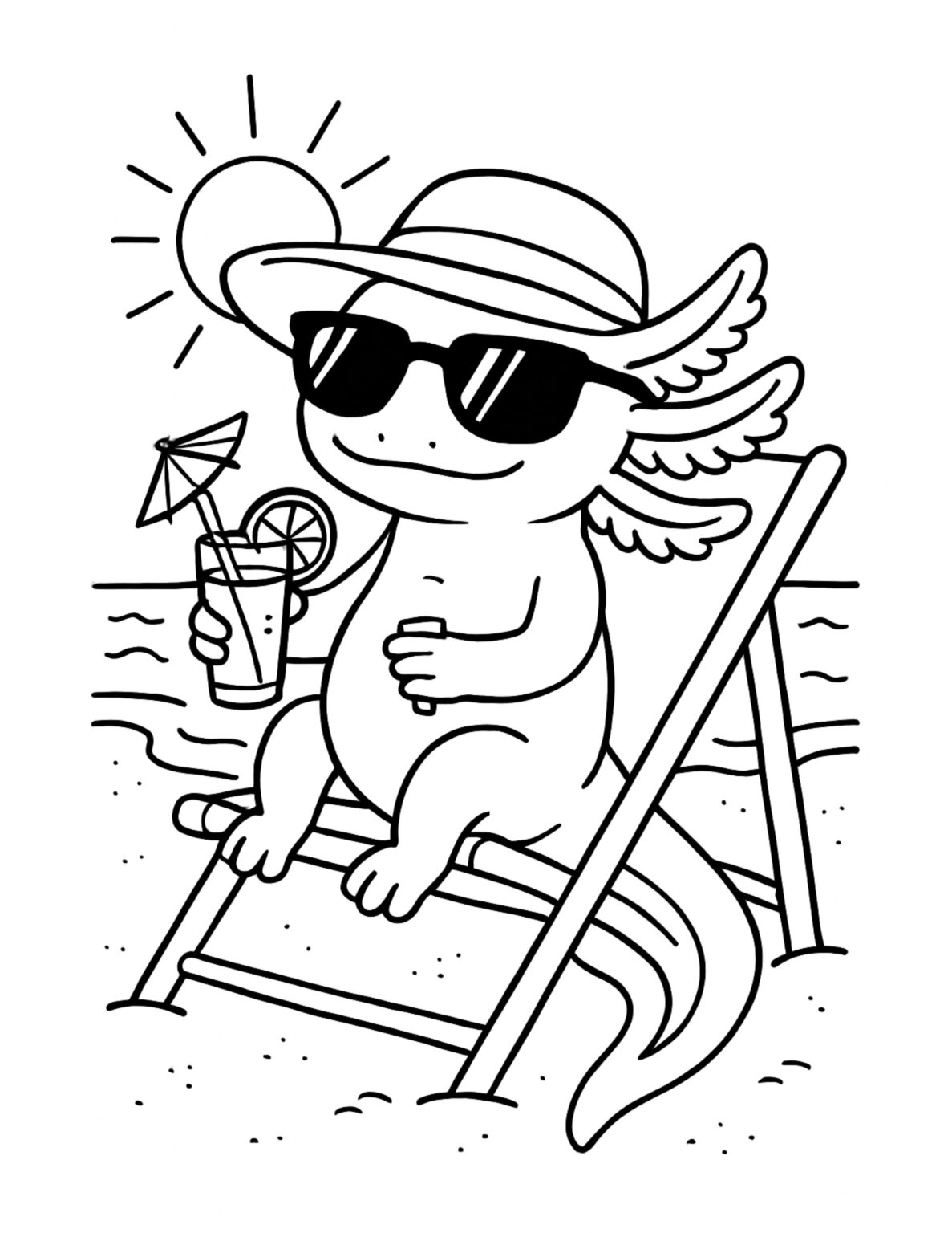 Axolotl Lounging on Beach Chair Coloring Page | Summer Relax