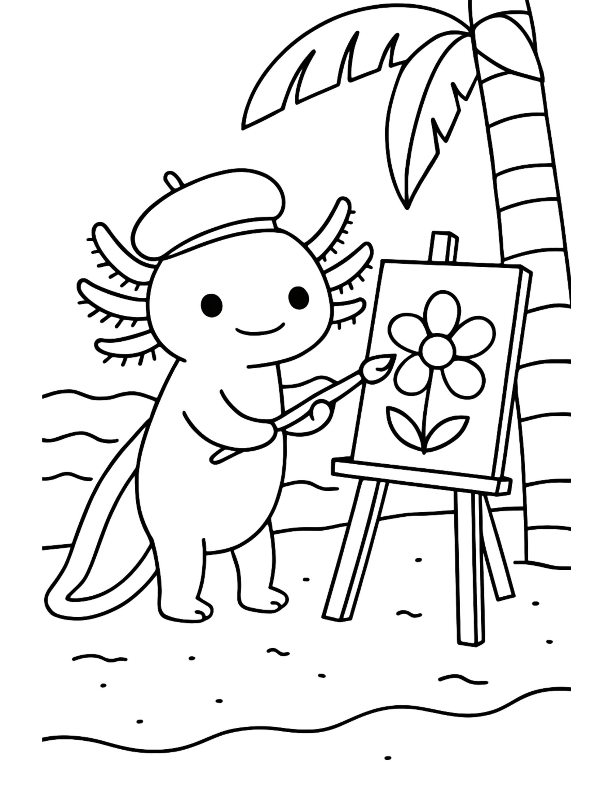 axolotl painting a flower seaside coloring page | Simple printable art