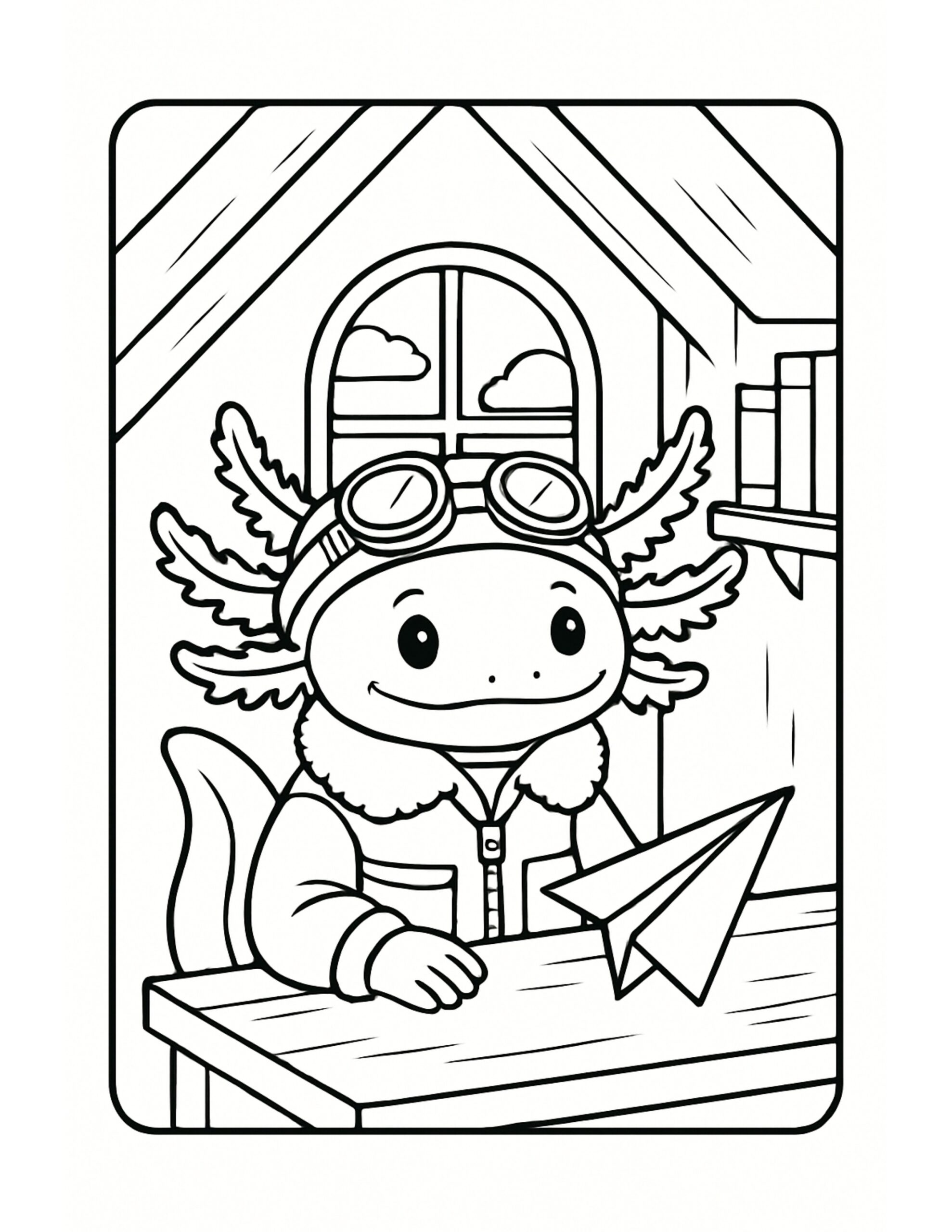 Axolotl Paper Airplane Desk Coloring Page | Creative Cozy Scene