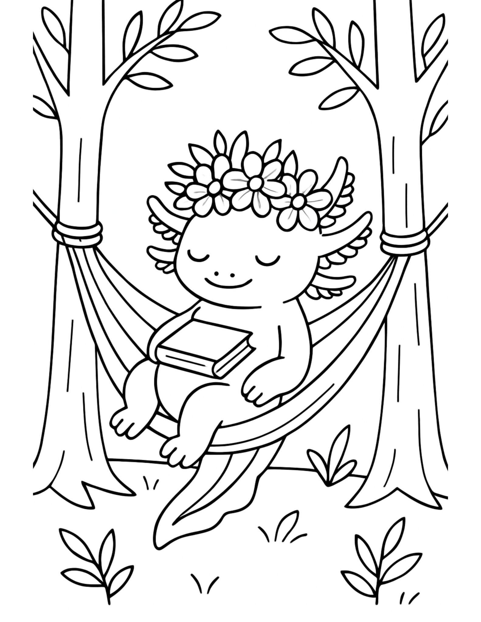 Axolotl reading in a hammock coloring page | Calm forest scene