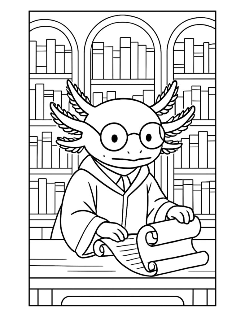 axolotl scholar reading scroll coloring page | Library Study Scene