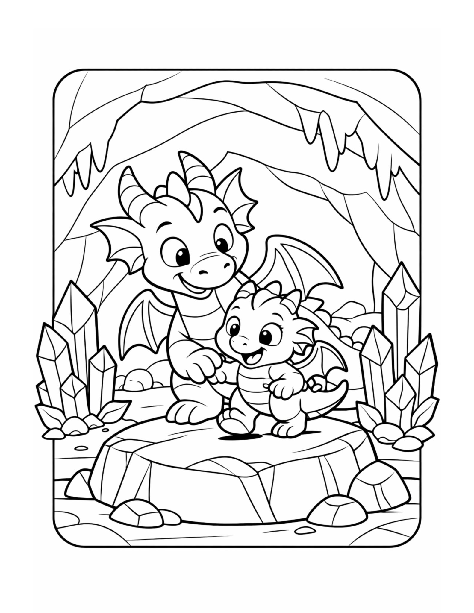 baby dragon in crystal cave coloring page | cute fantasy