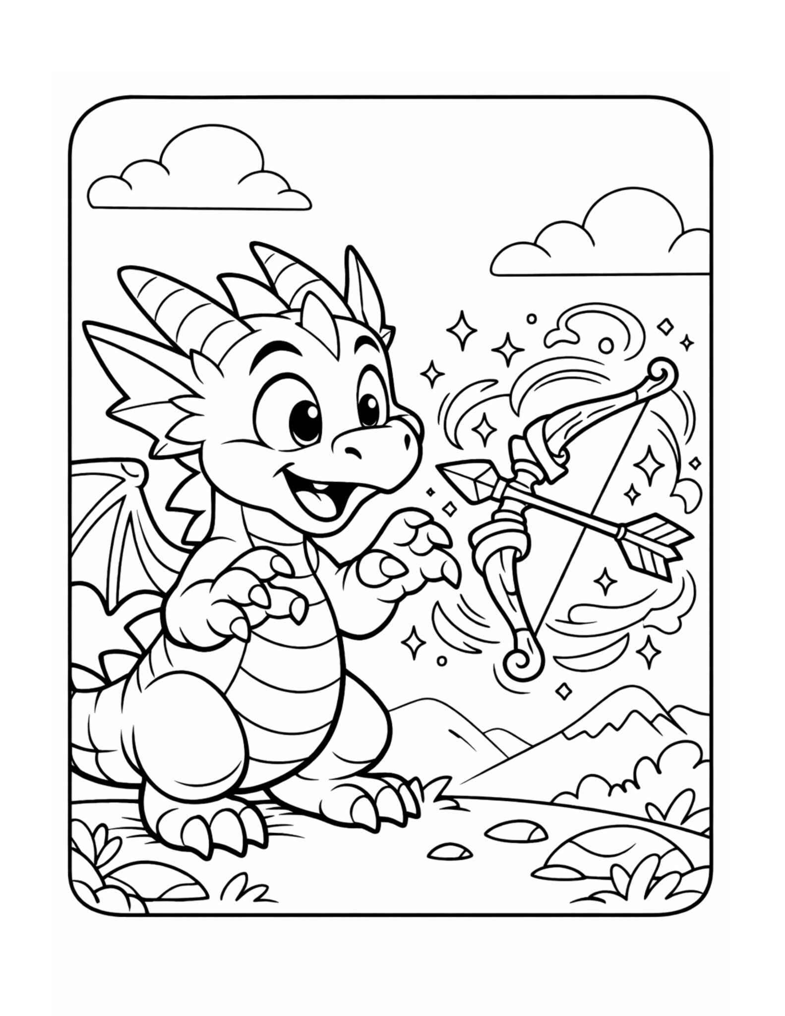 baby dragon watching magic bow coloring page