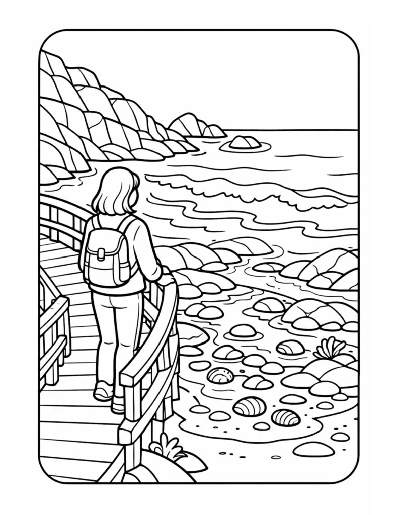 backpacker on coastal boardwalk coloring page | Nature Seaside