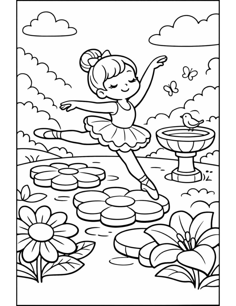ballerina dancing in garden coloring page | Cute ballet scene