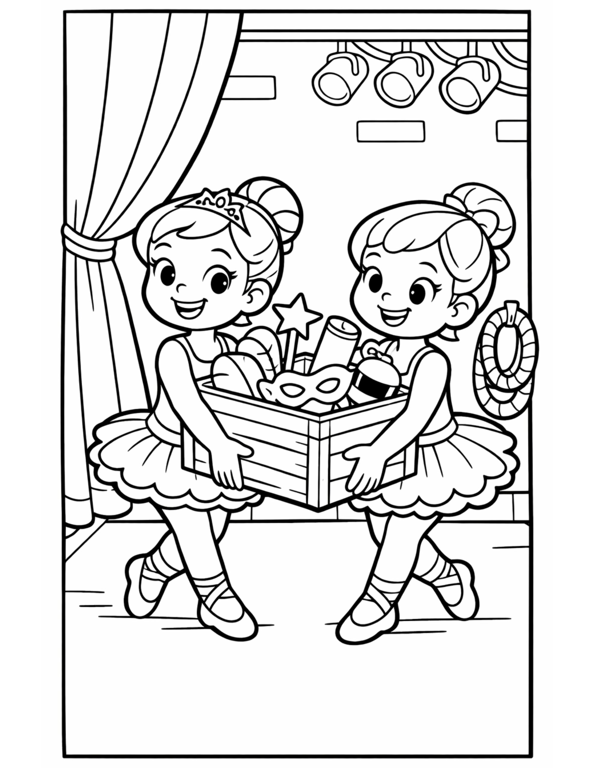 ballerinas carrying prop box coloring page | Stage Prep Scene