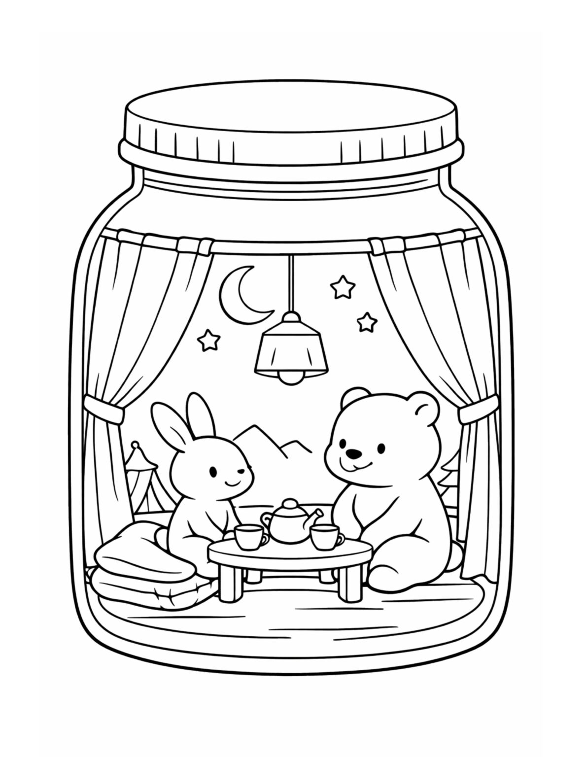 bear and bunny tea time coloring page | cozy jar night