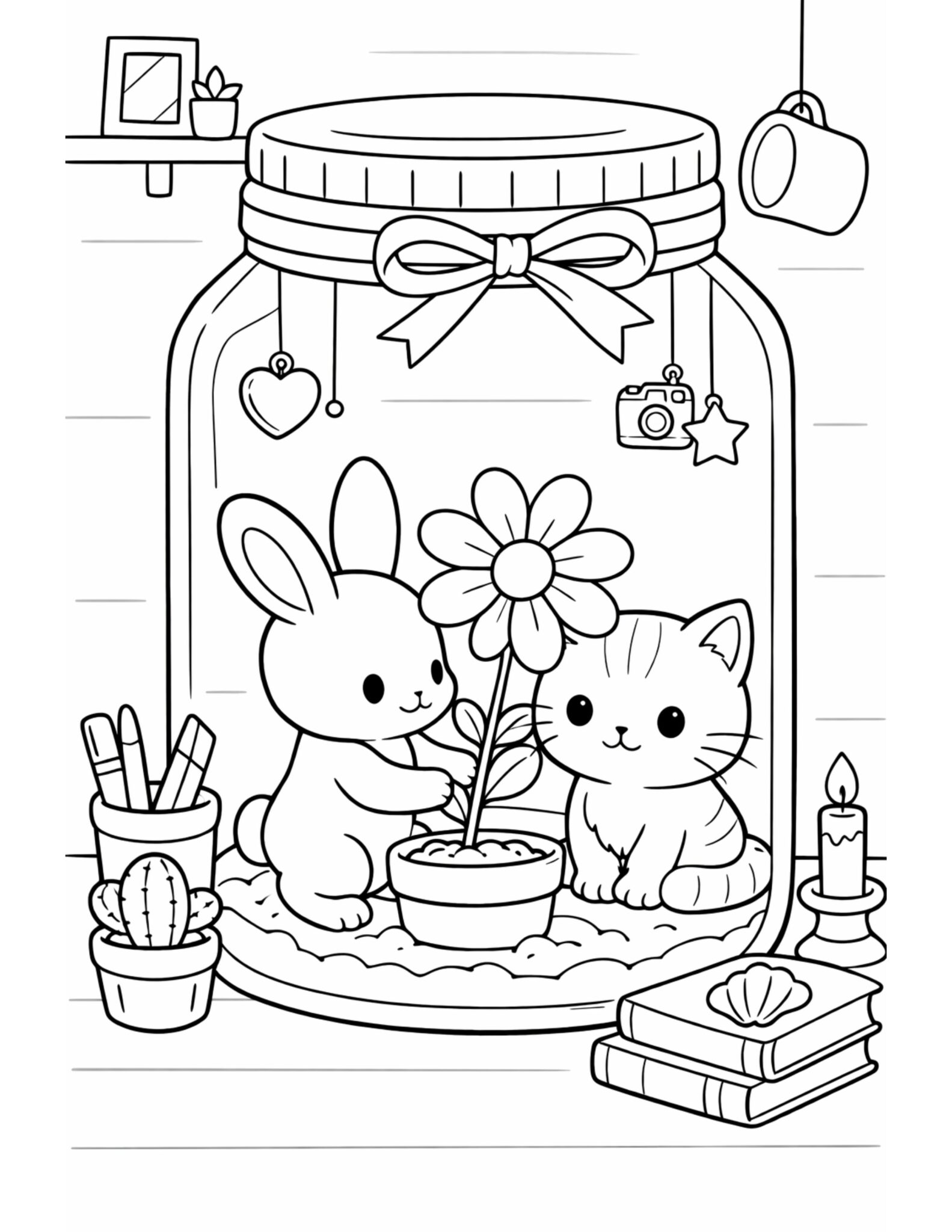 bunny and kitten terrarium coloring page | Cozy Jar Coloring Fun