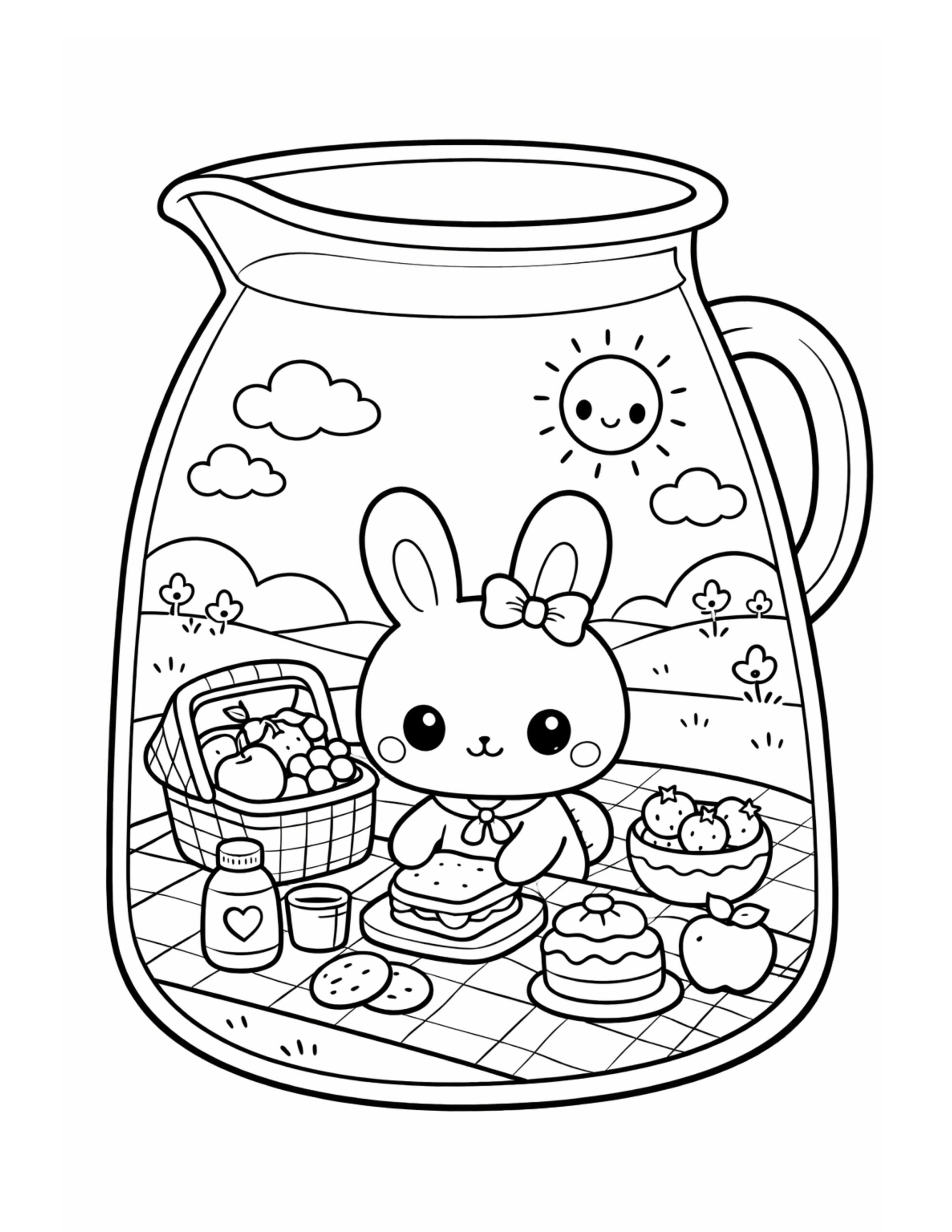 bunny picnic in pitcher coloring page | cozy coloring