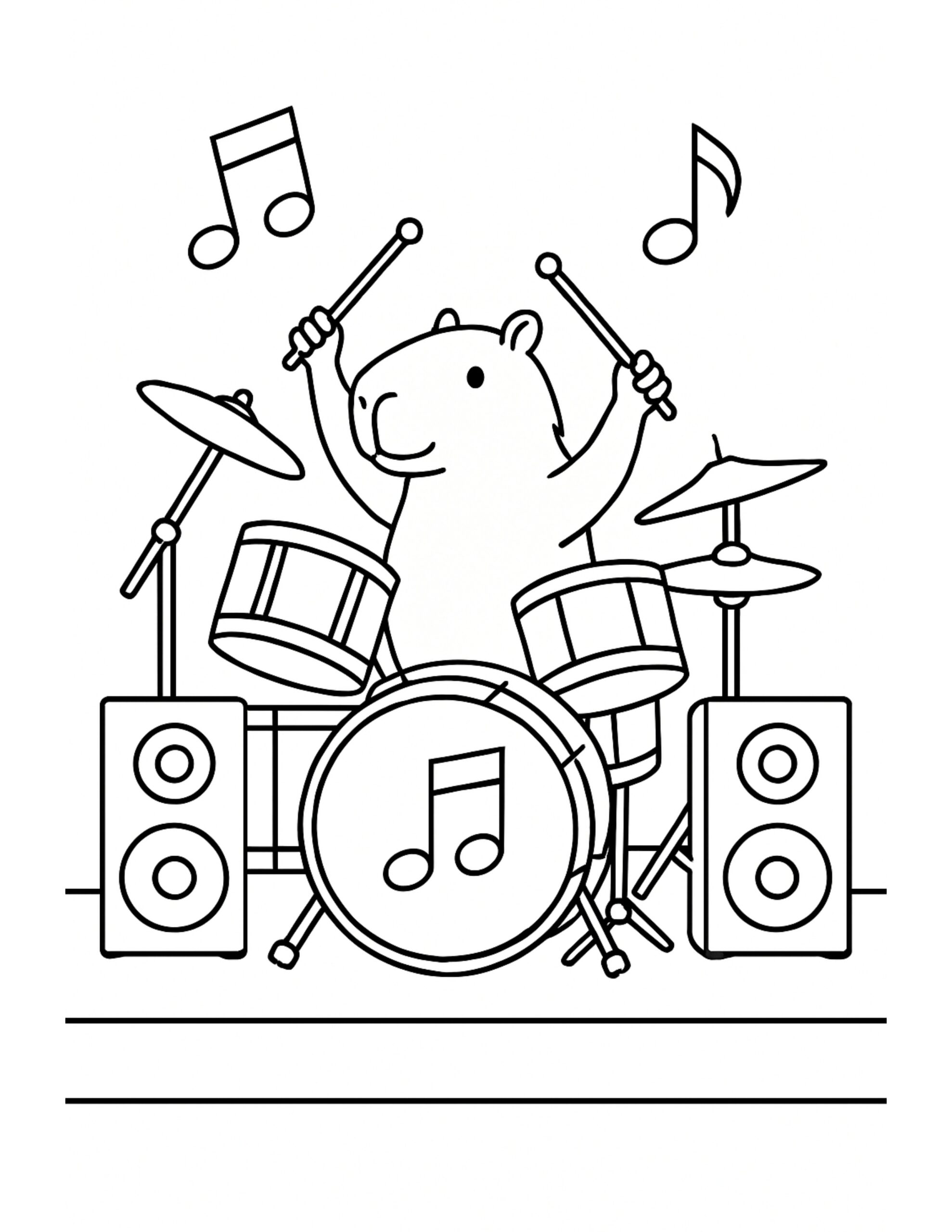 Capybara Raising Drumsticks With Music Notes Coloring Page - Colorin AI