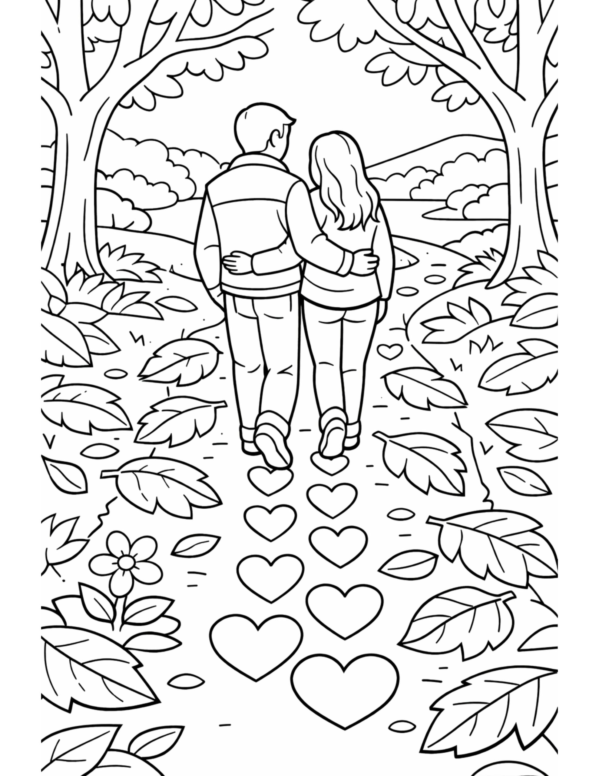 couple walking through forest path coloring page