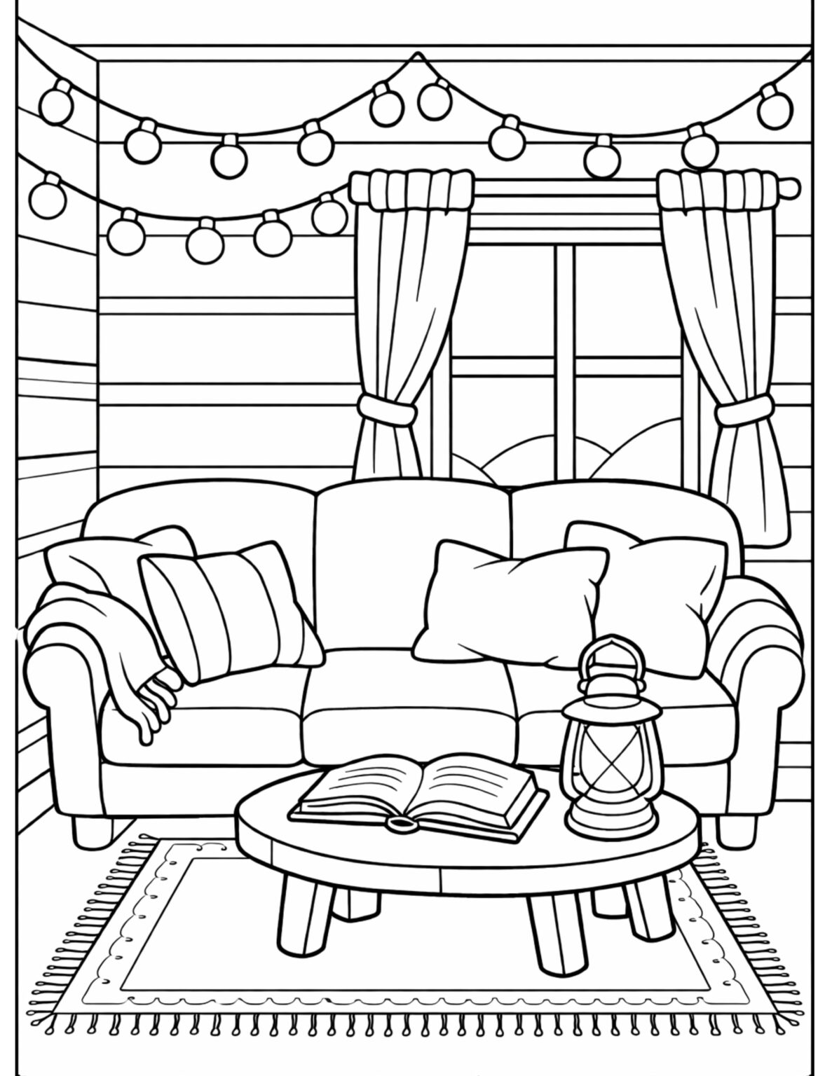 Cozy Living Room Reading Nook Coloring Page | Calm Home Art