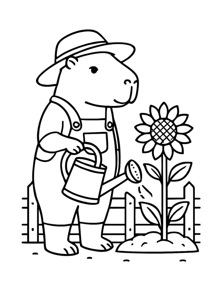 Cute Capybara Gardener Coloring Page (Free Printable)