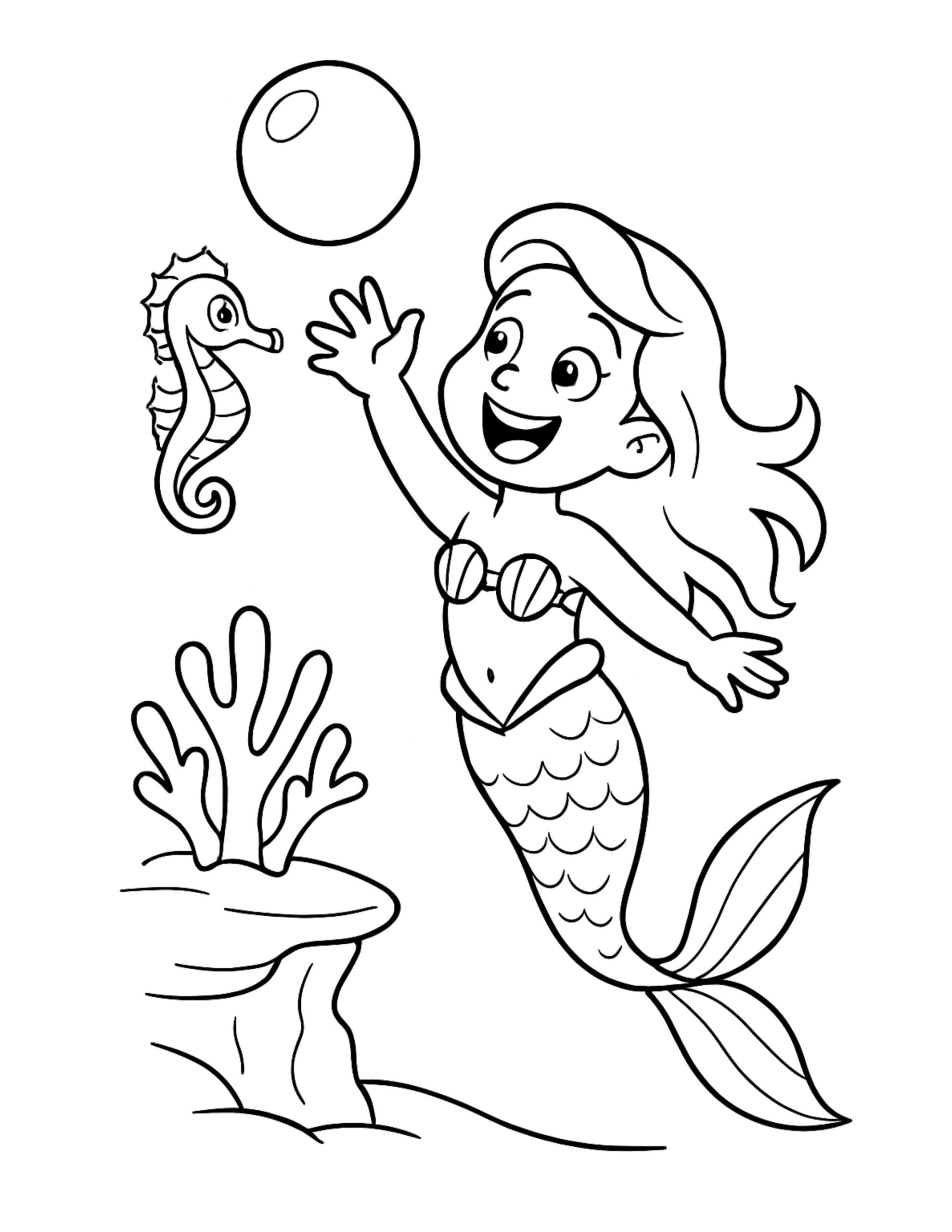Cute Mermaid & Seahorse Coloring Page | Free Printable