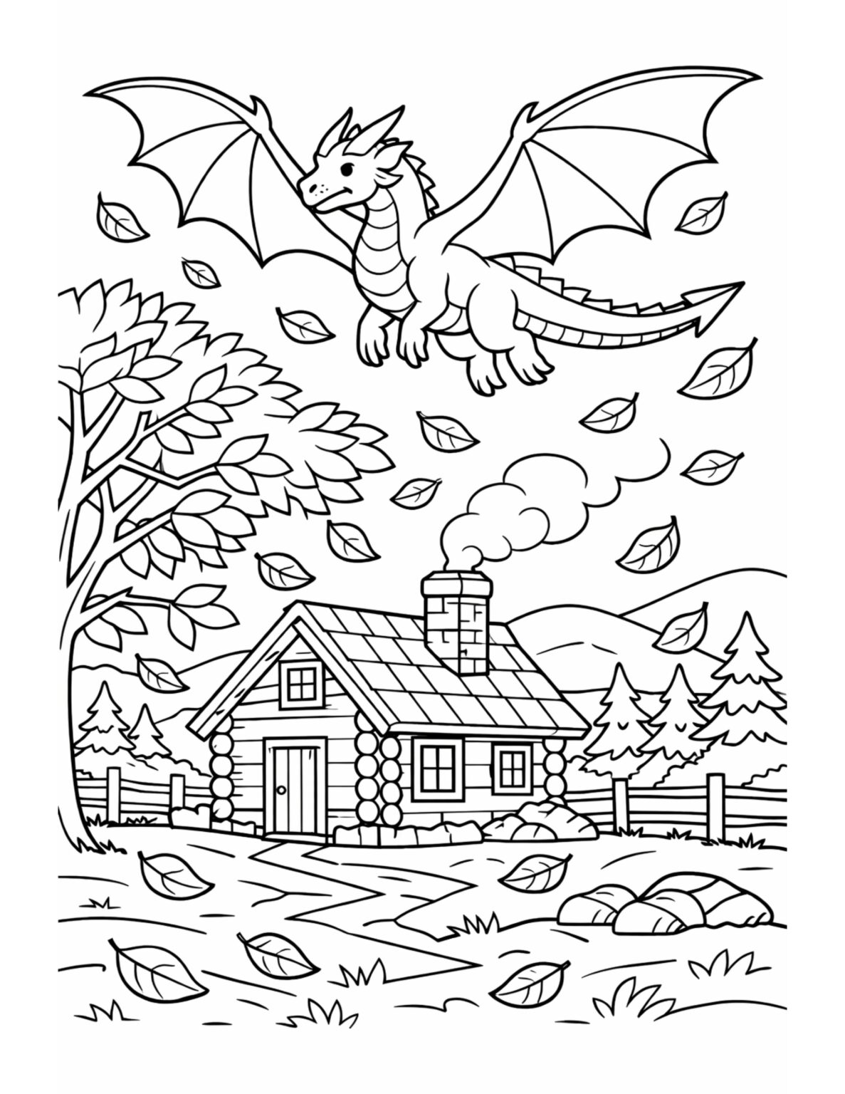 dragon flying over a cabin coloring page | cozy autumn scene