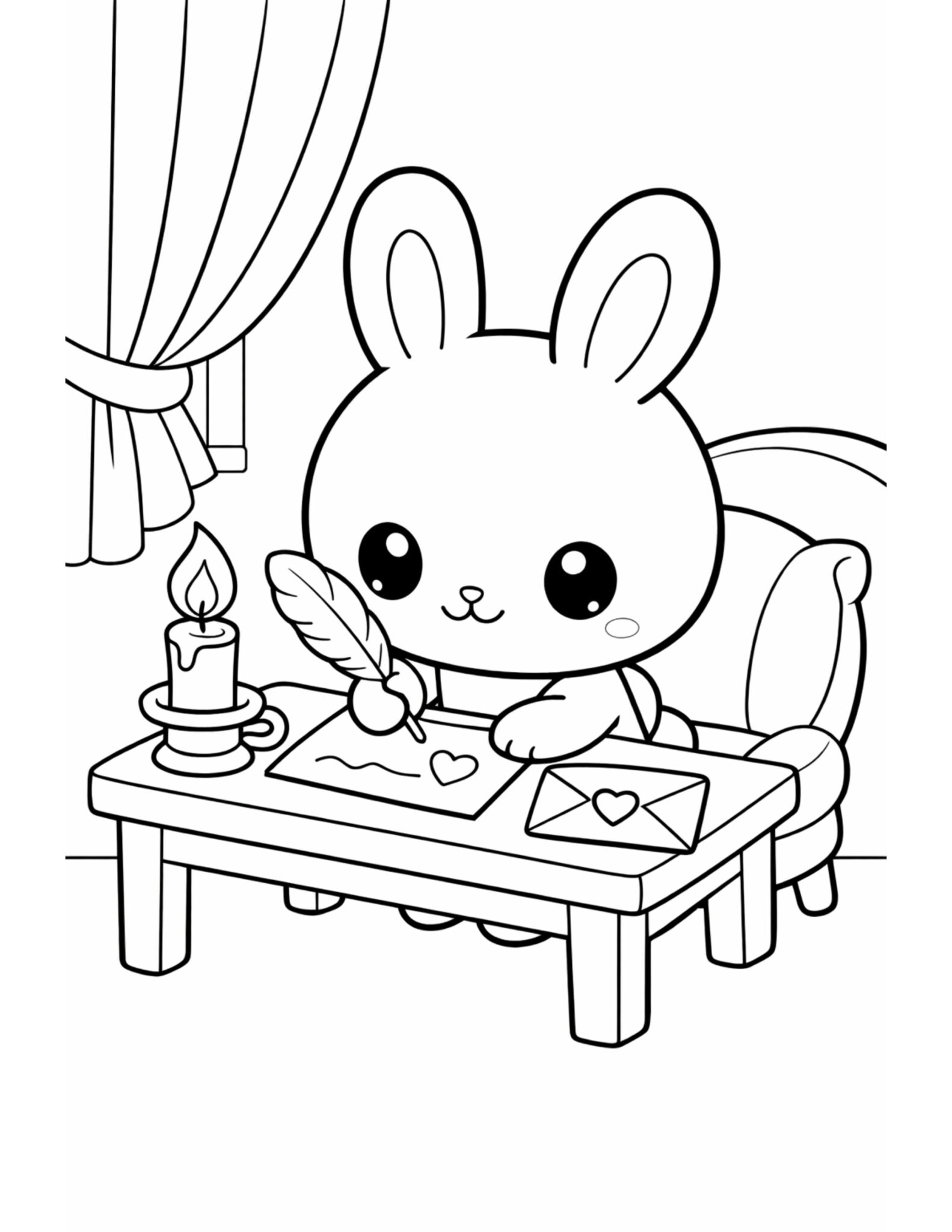 bunny writing a love letter coloring page | Cozy writing scene
