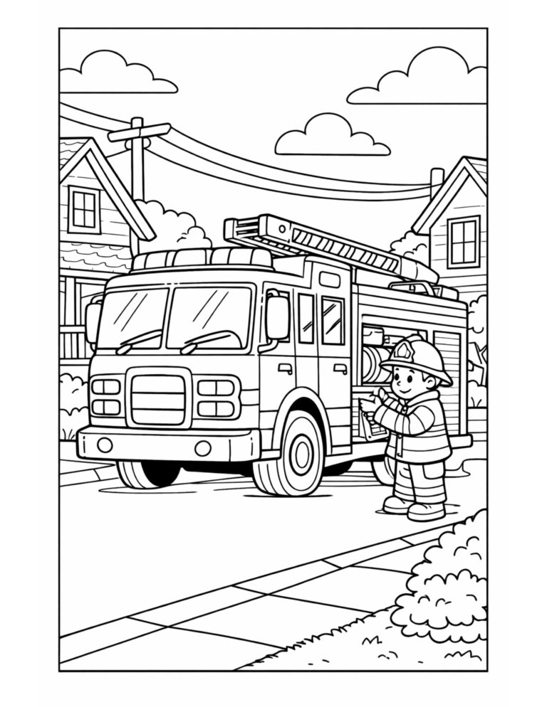 firefighter beside fire truck coloring page | fun printable sheet