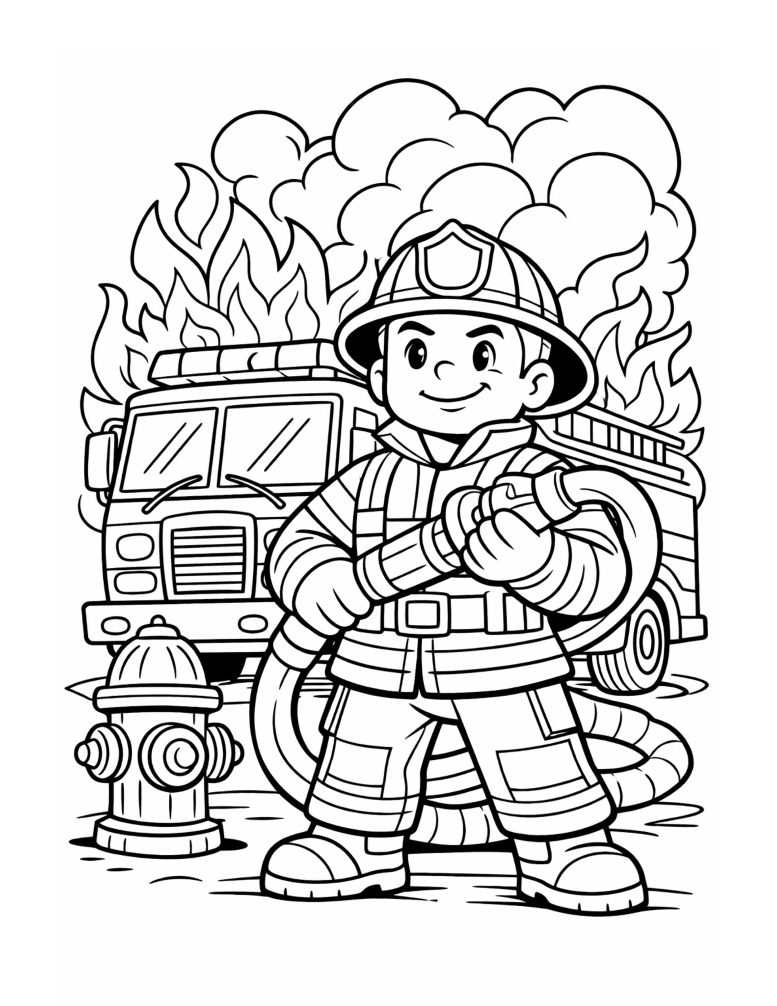 firefighter holding hose near firetruck coloring page