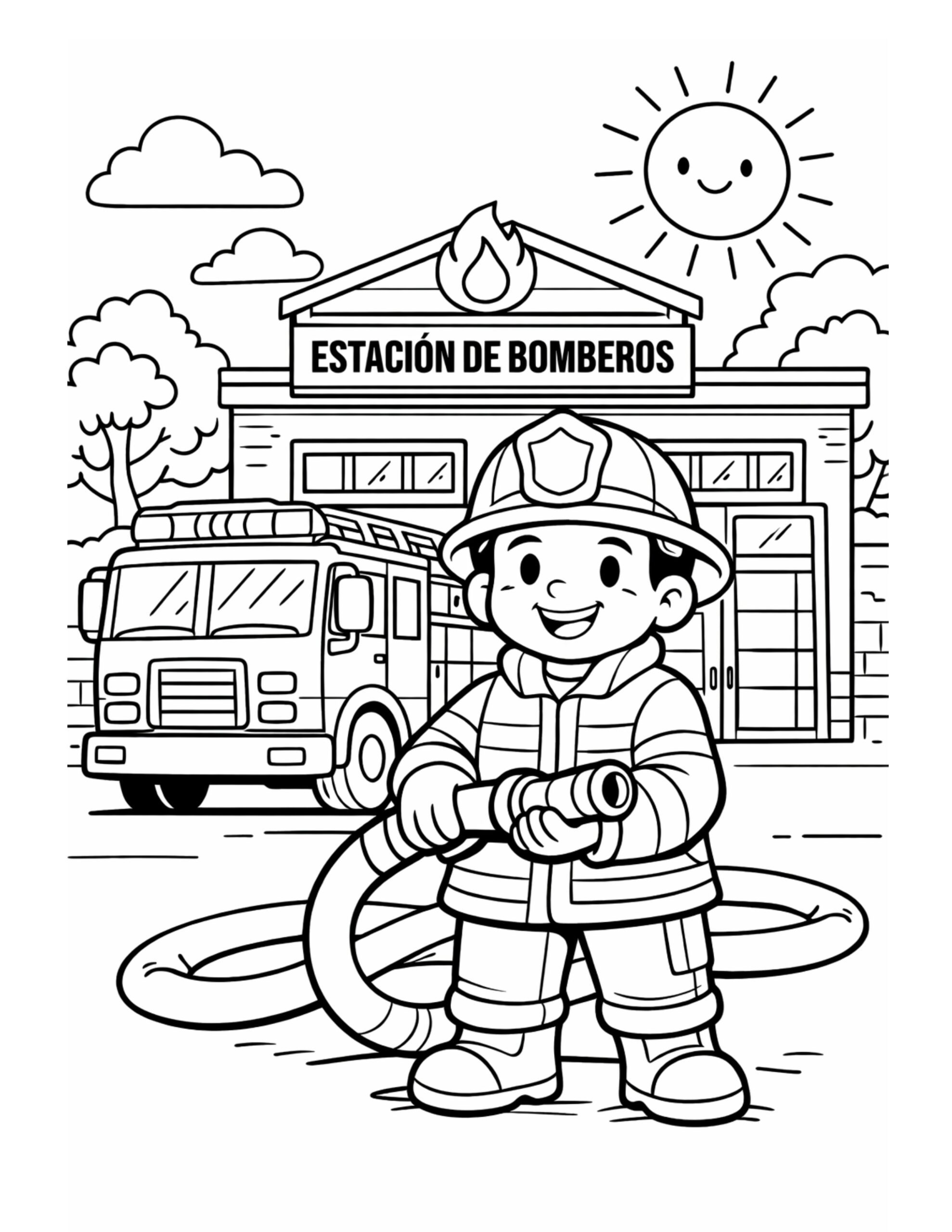 firefighter outside fire station coloring page | printable hero scene