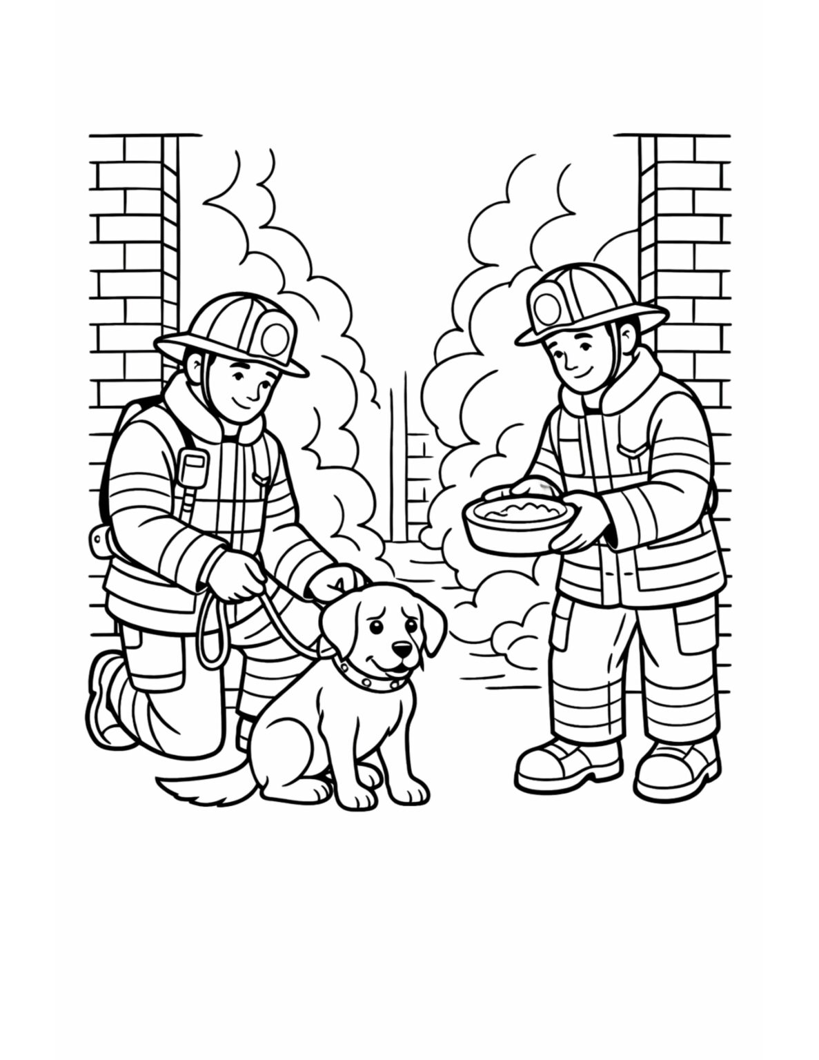 firefighters comforting rescued puppy coloring page | Coloring Fun