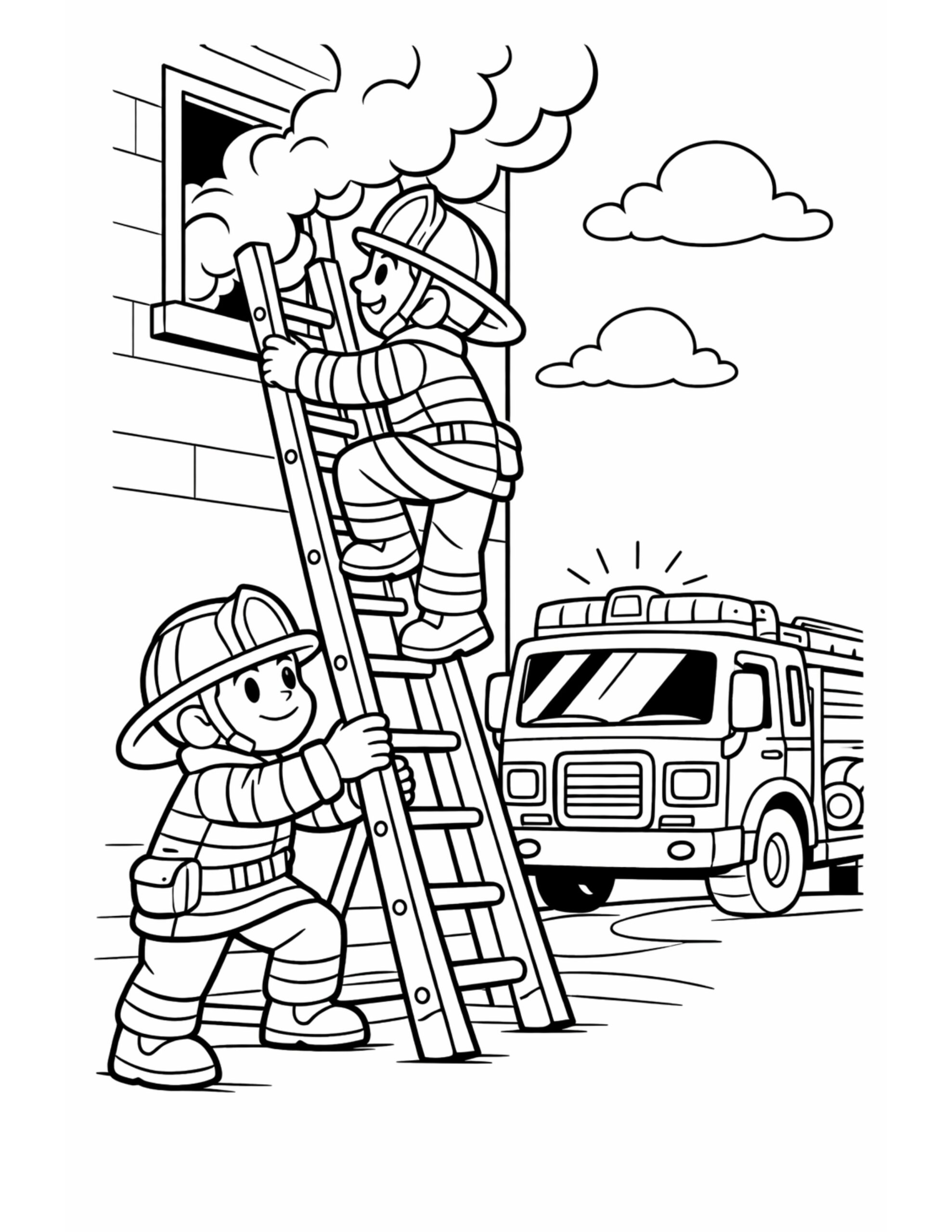 firefighters ladder rescue smoky window coloring page