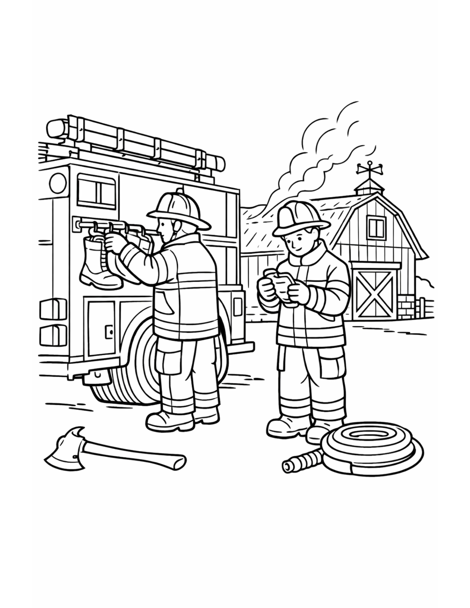 firefighters preparing gear by firetruck coloring page | Easy Coloring