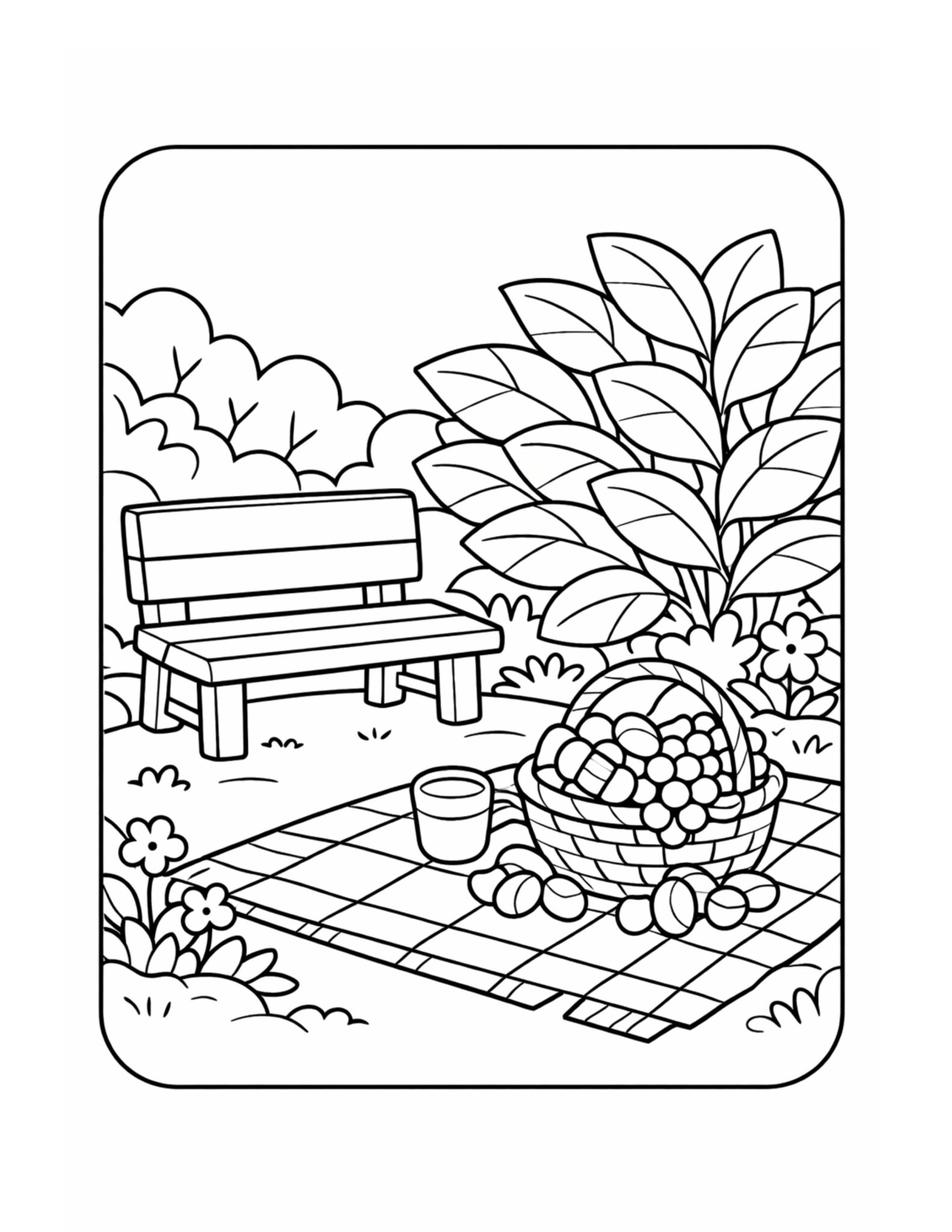 garden picnic basket on blanket coloring page | cozy outdoor scene