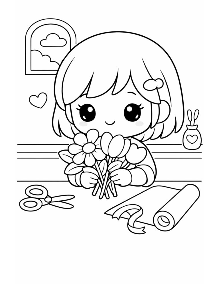 Girl holding flower bouquet coloring page | Cute craft room scene