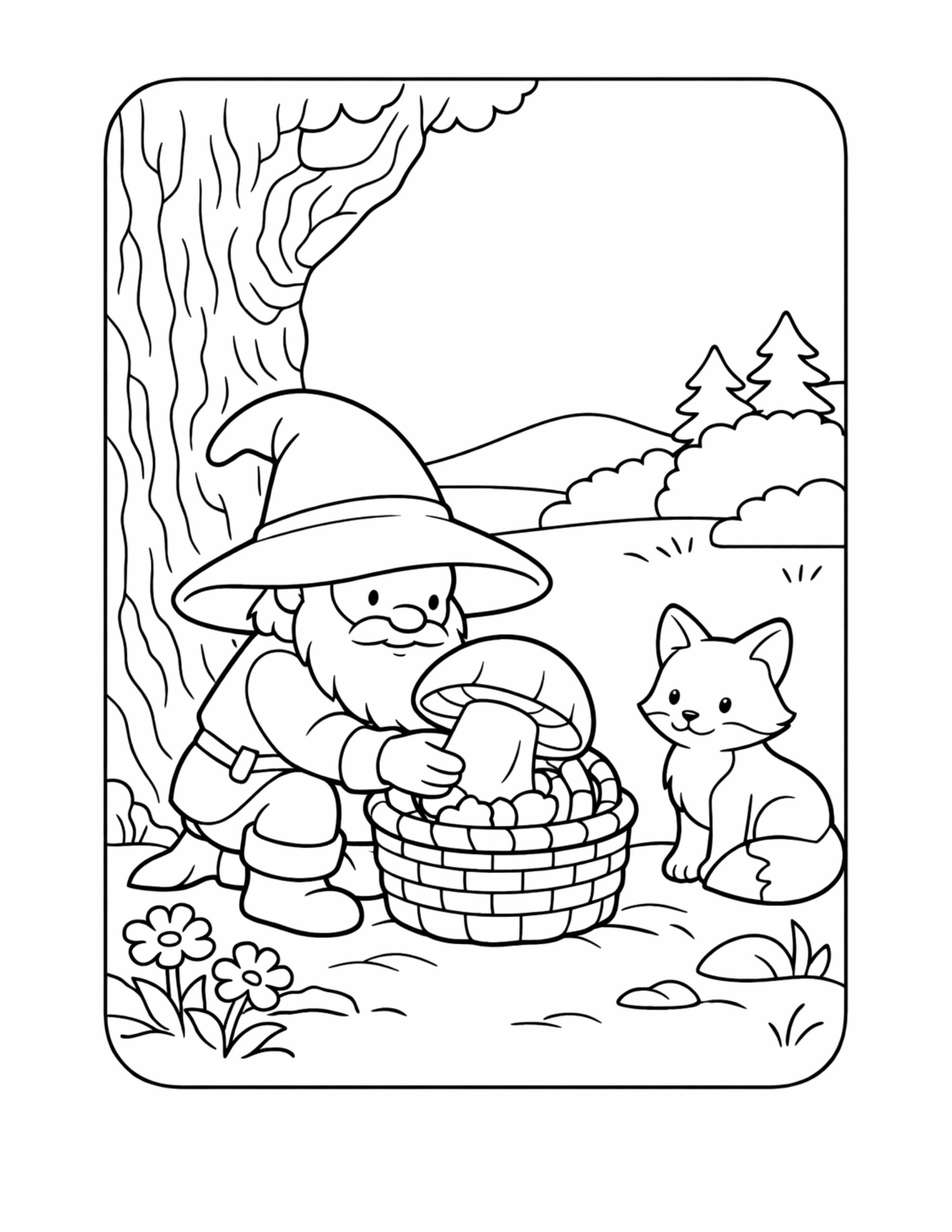 gnome gathering mushrooms with fox coloring page