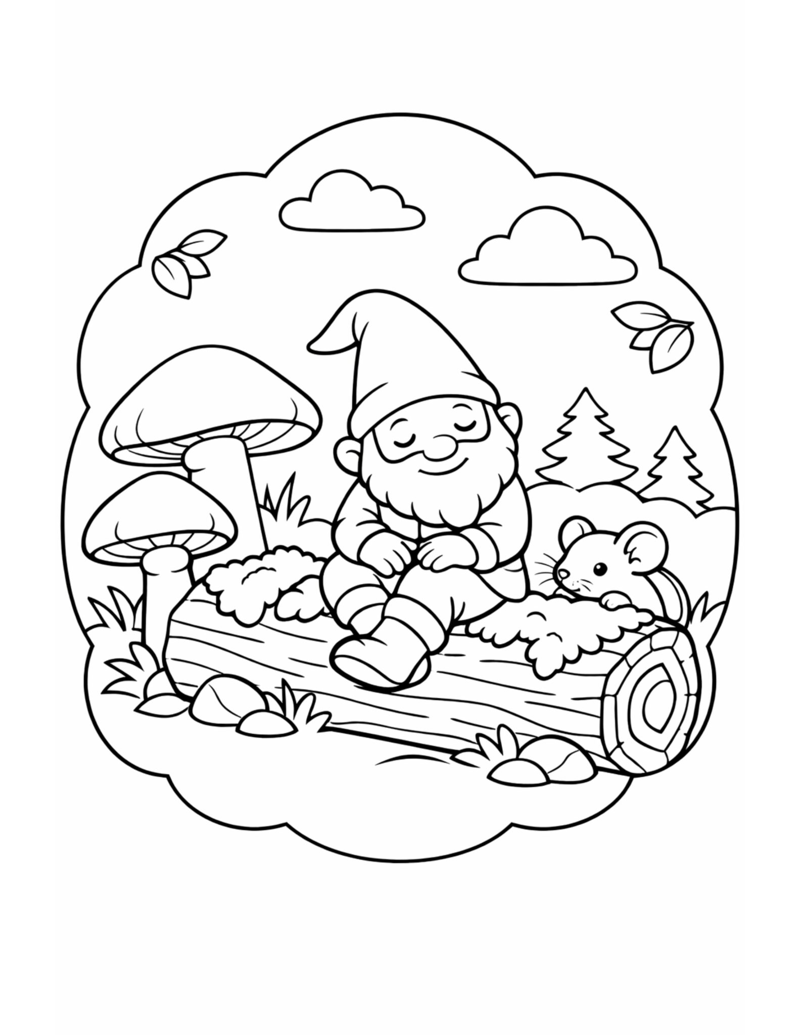 gnome napping with mouse coloring page | Cozy woodland scene