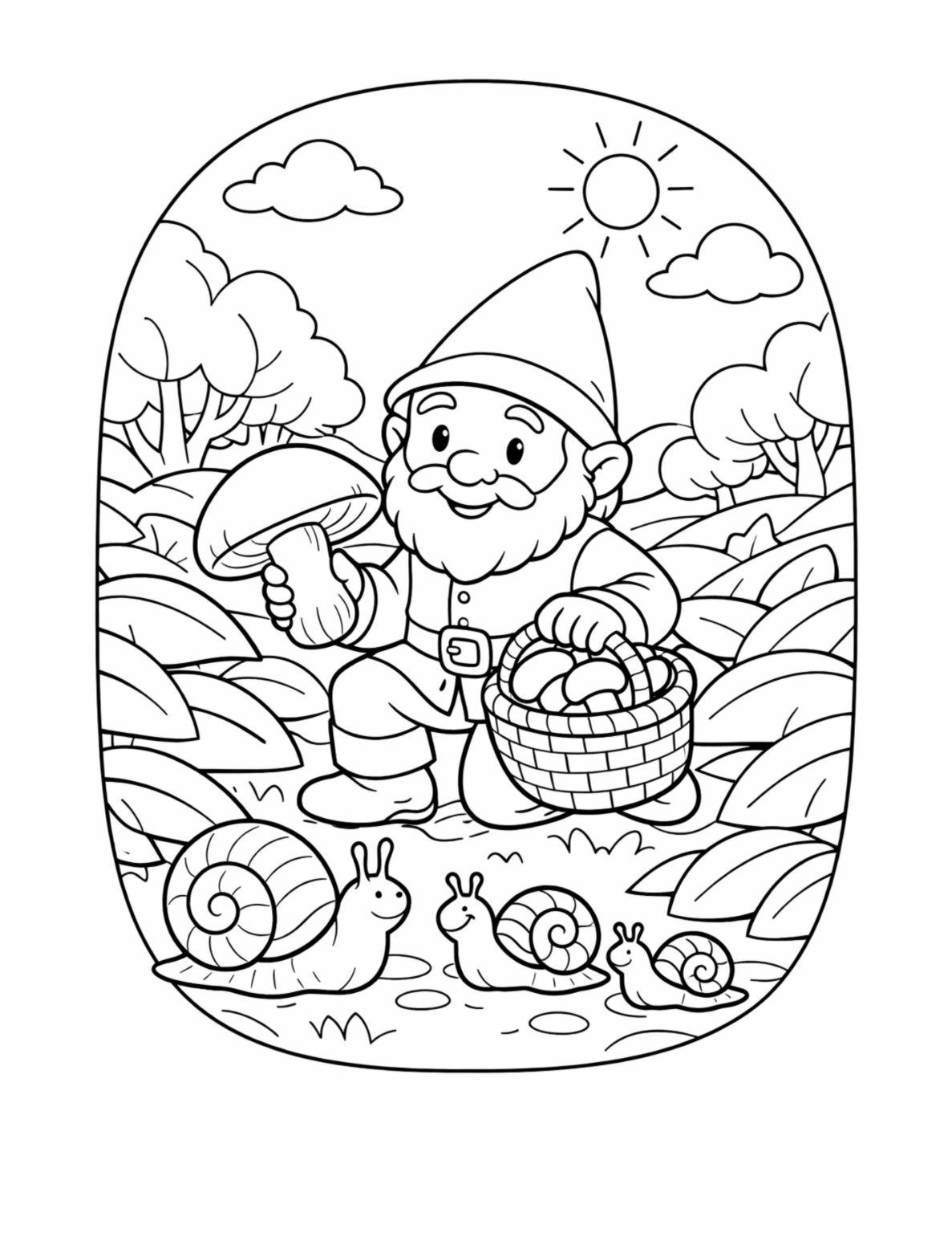 gnome picking mushrooms with snails coloring page