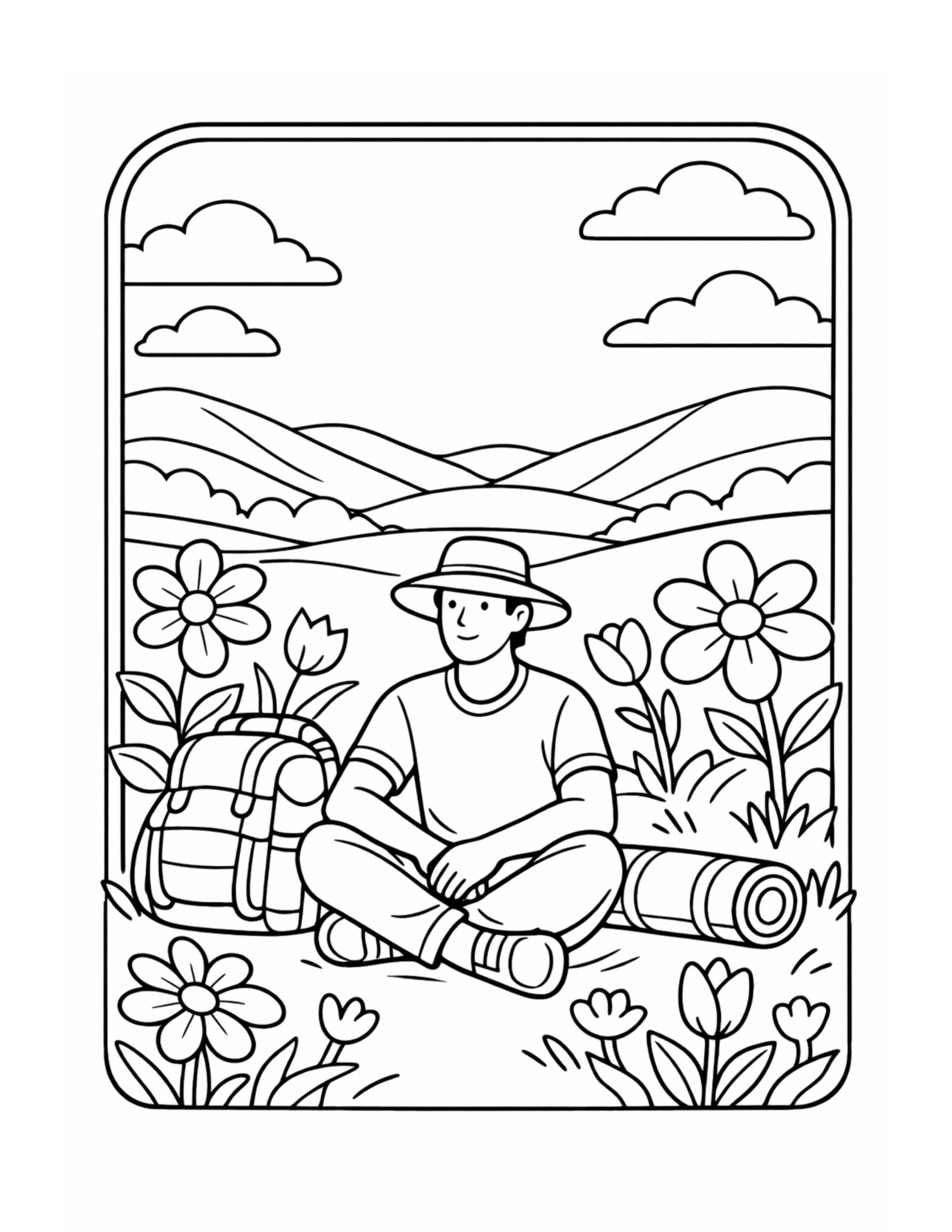 hiker sitting in wildflower meadow coloring page | Nature Adventure