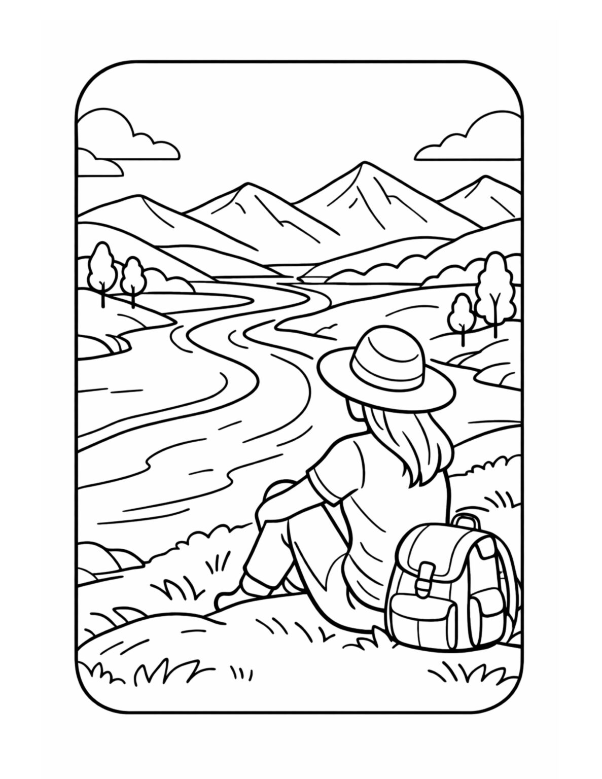 hiker watching winding river coloring page | Nature View