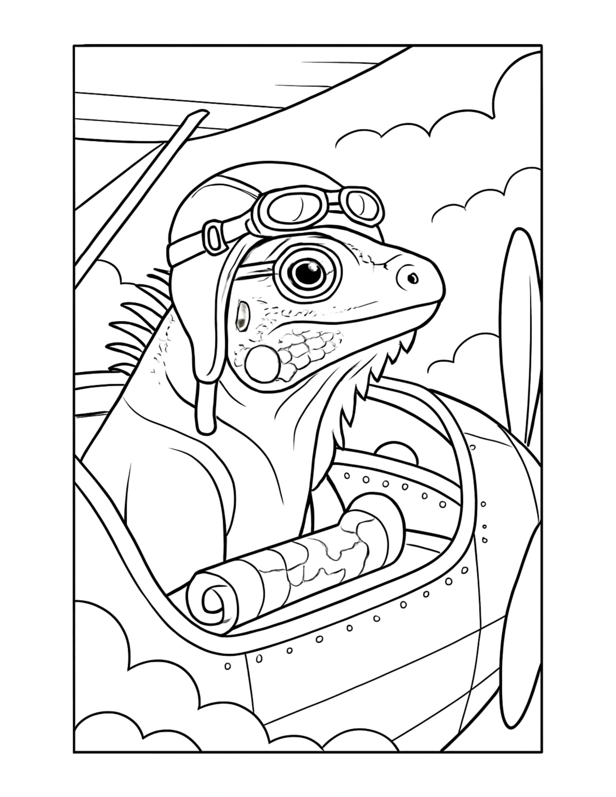 Lizard Flying a Vintage Plane Coloring Page | Coloring Fun