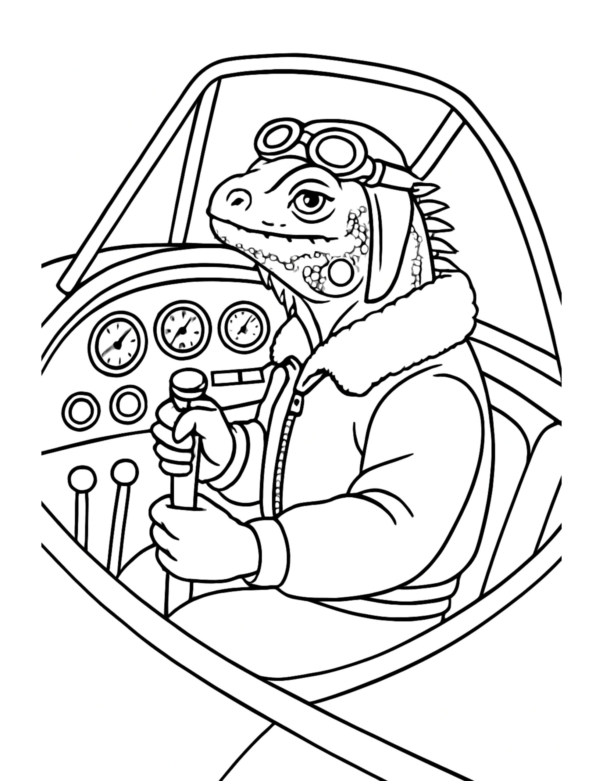 Lizard Flying an Airplane Cockpit Coloring Page | Adventure Scene