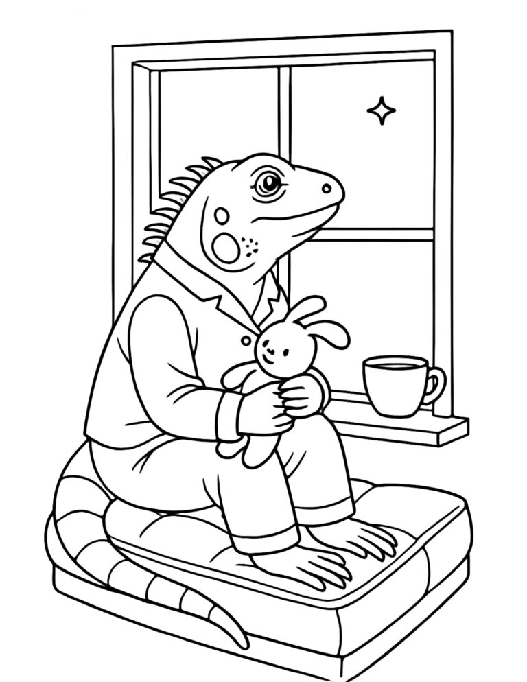 lizard hugging plush bunny coloring page | Cozy Window Scene