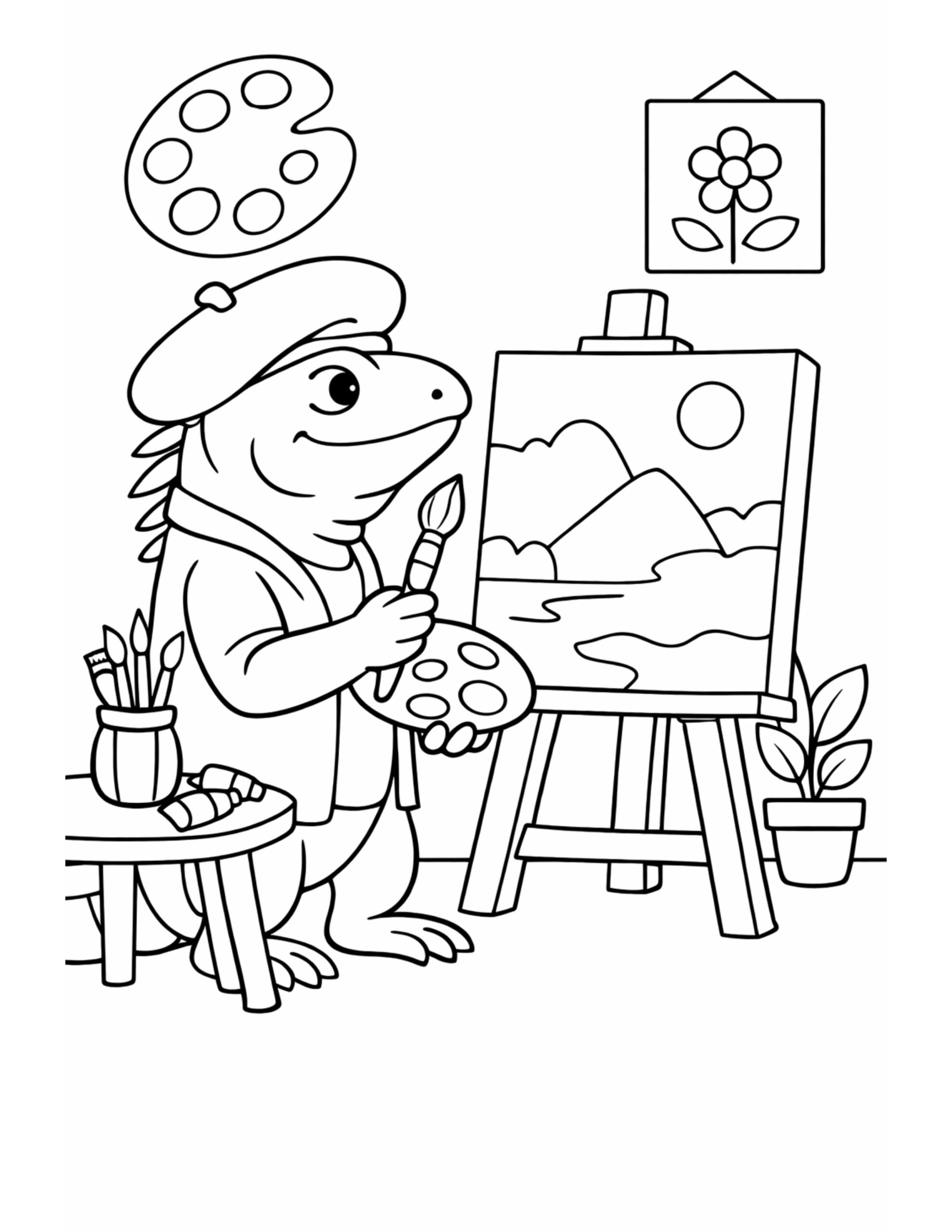 lizard painting landscape on easel coloring page | Art Studio Scene