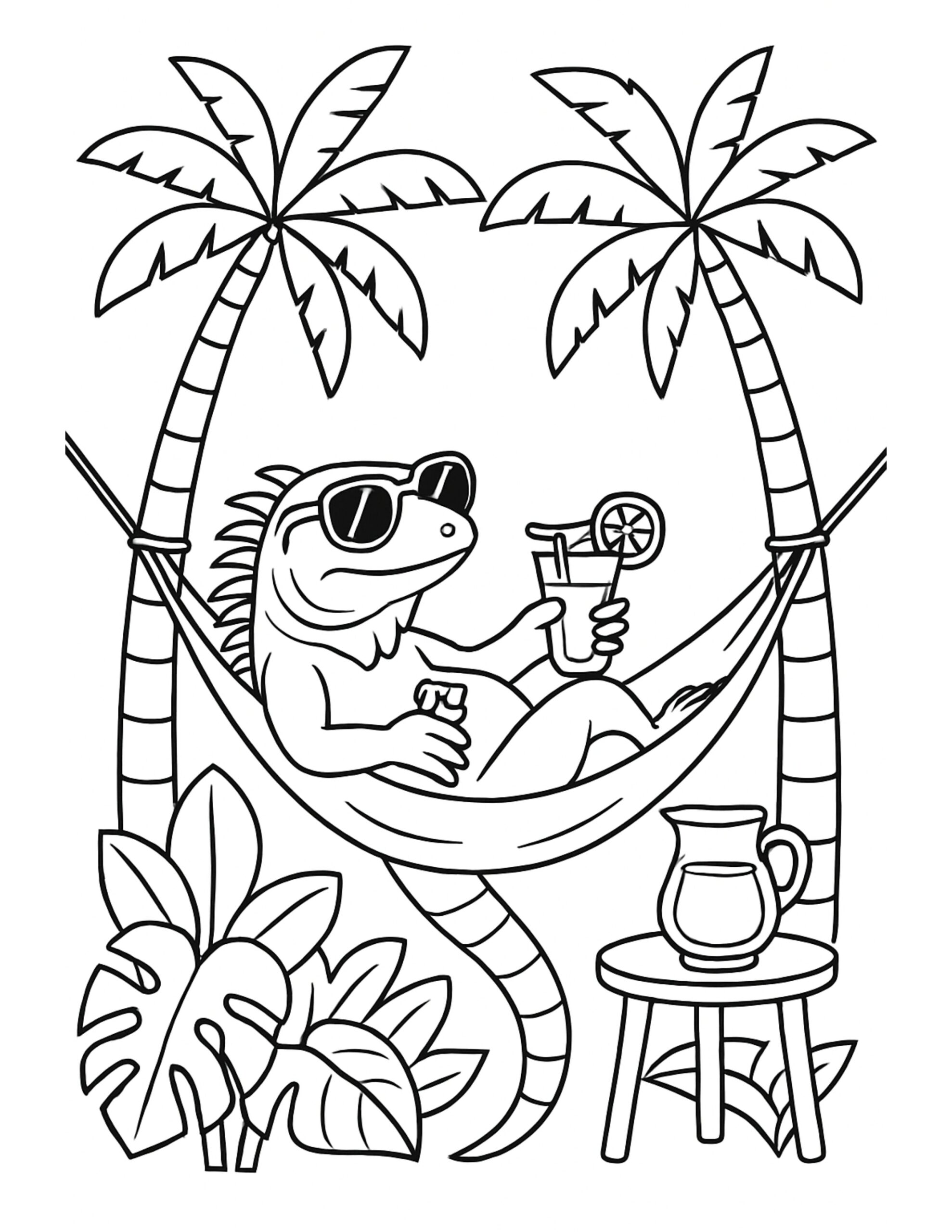 lizard relaxing in hammock coloring page | Tropical Chill Scene