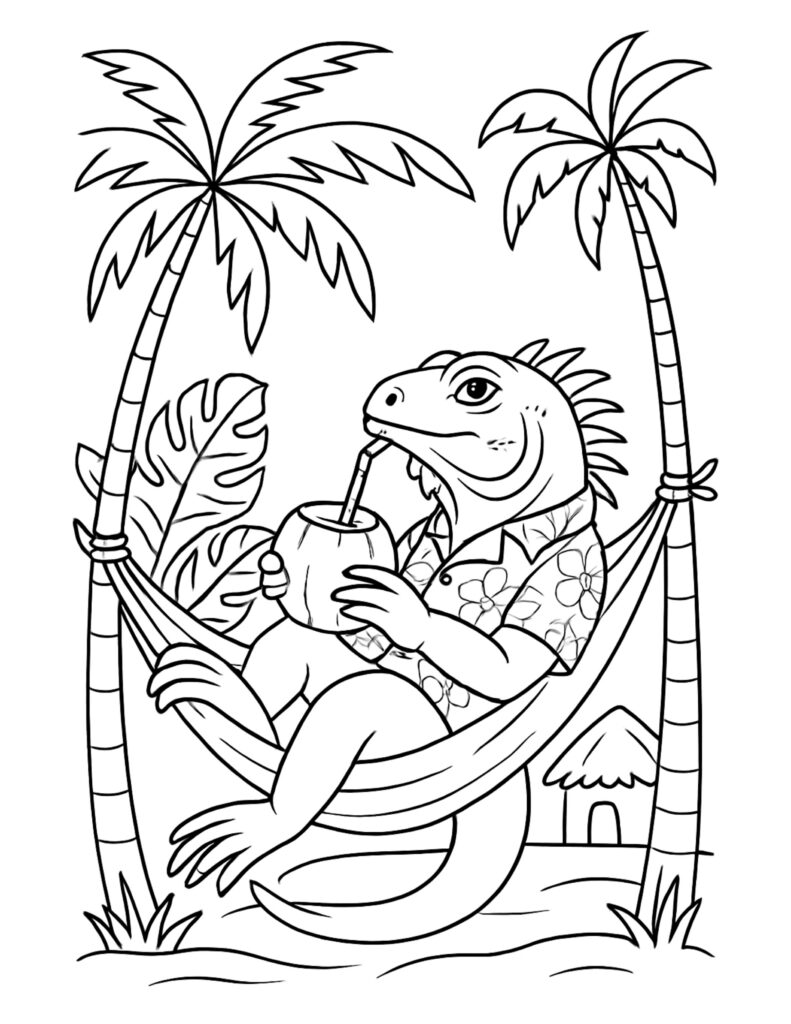 lizard sipping coconut in hammock coloring page