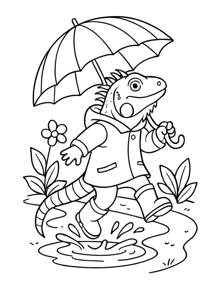 Lizard Splashing in Puddle Coloring Page | Rainy Day Fun