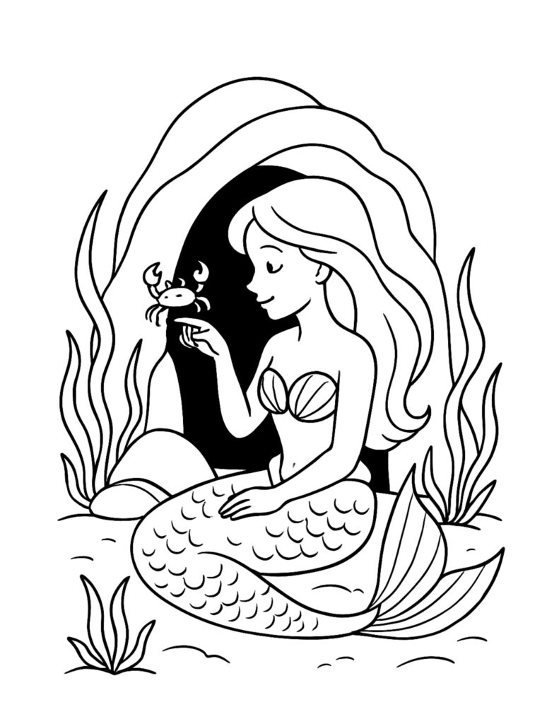 Mermaid and Crab Coloring Page | Underwater Cave Scene